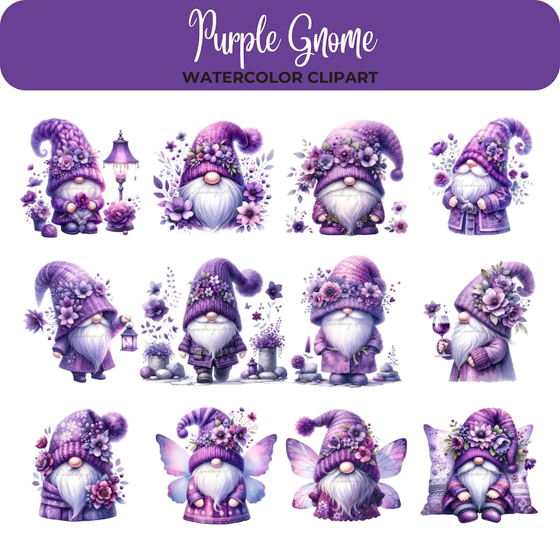 Purple Gnome Clipart, Gnome Clipart, Gnome Png, Watercolor Cute Gnome ...
