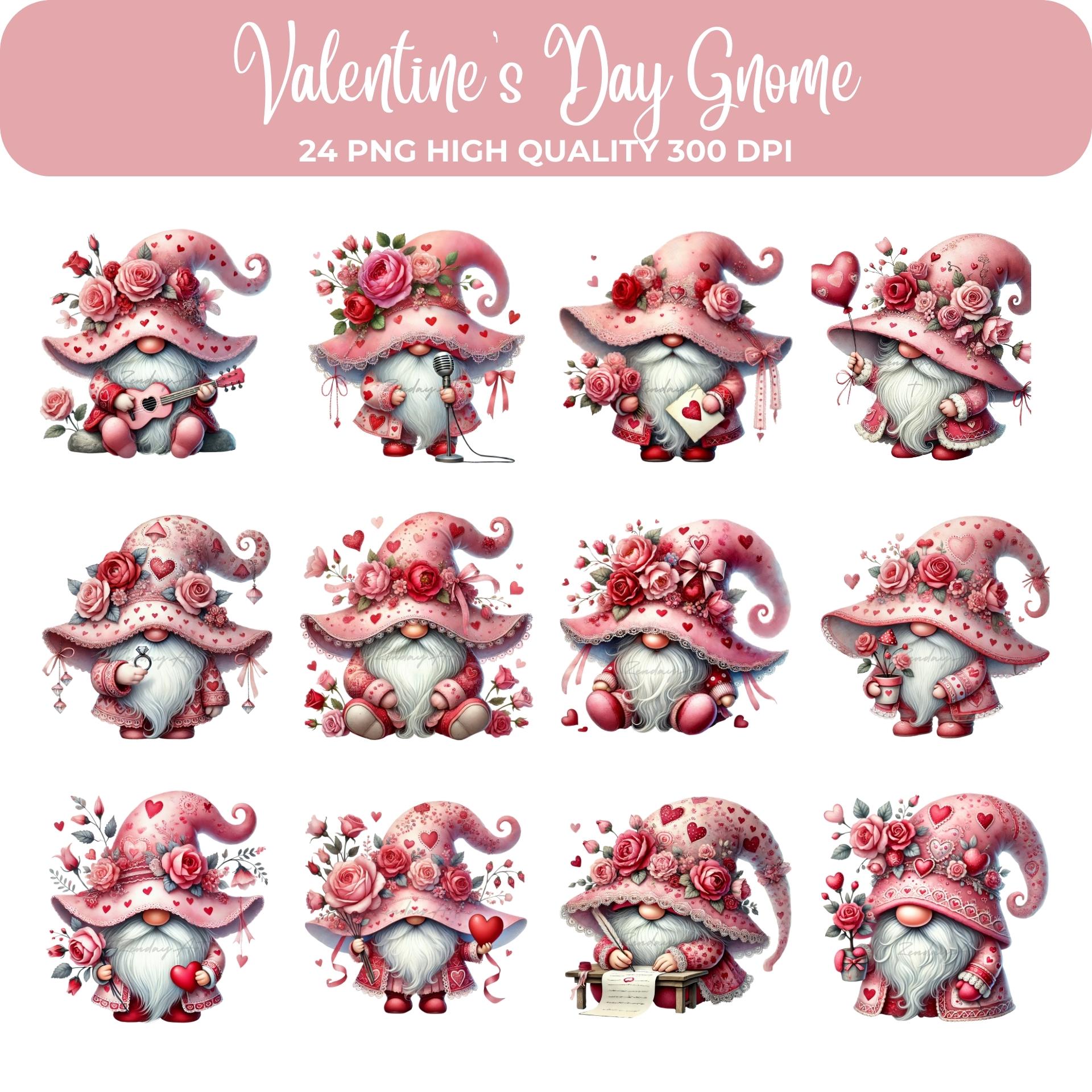 Watercolor Valentine's Gnome Clipart: Hearts & Roses PNG (digital ...
