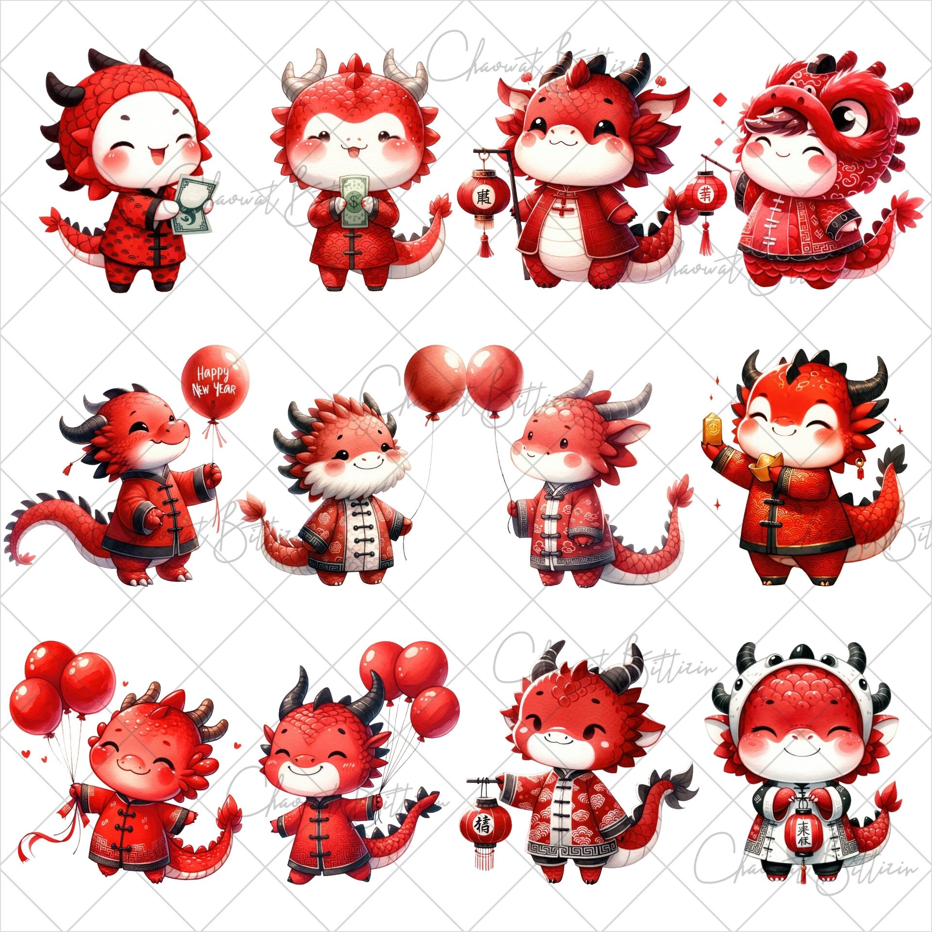 Cute Dragon Clipart, Happy Chinese New Year 2024 Watercolor Clipart ...