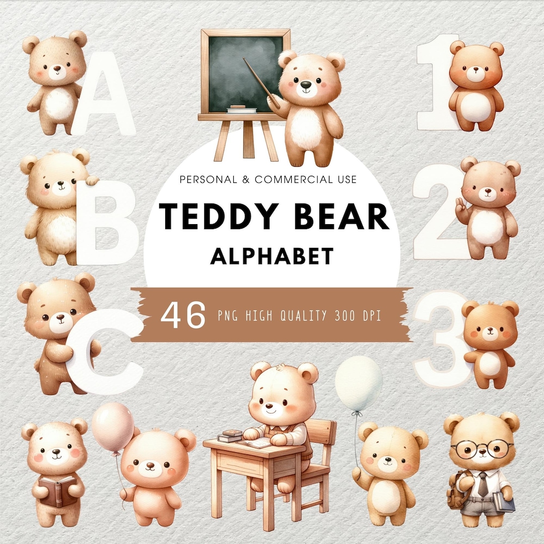 Teddy Bear Alphabet Clipart, Watercolor Bear Letters PNG, Brown Teddy ...