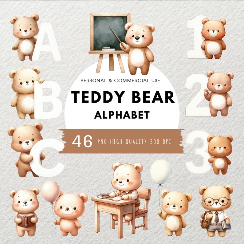 Teddy Bear Alphabet Clipart, Watercolor Bear Letters PNG, Brown Teddy ...