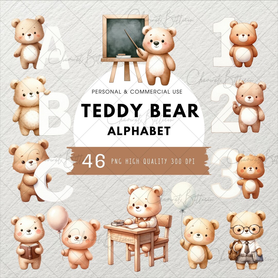 Teddy Bear Alphabet Clipart Watercolor Bear Letters PNG - Etsy