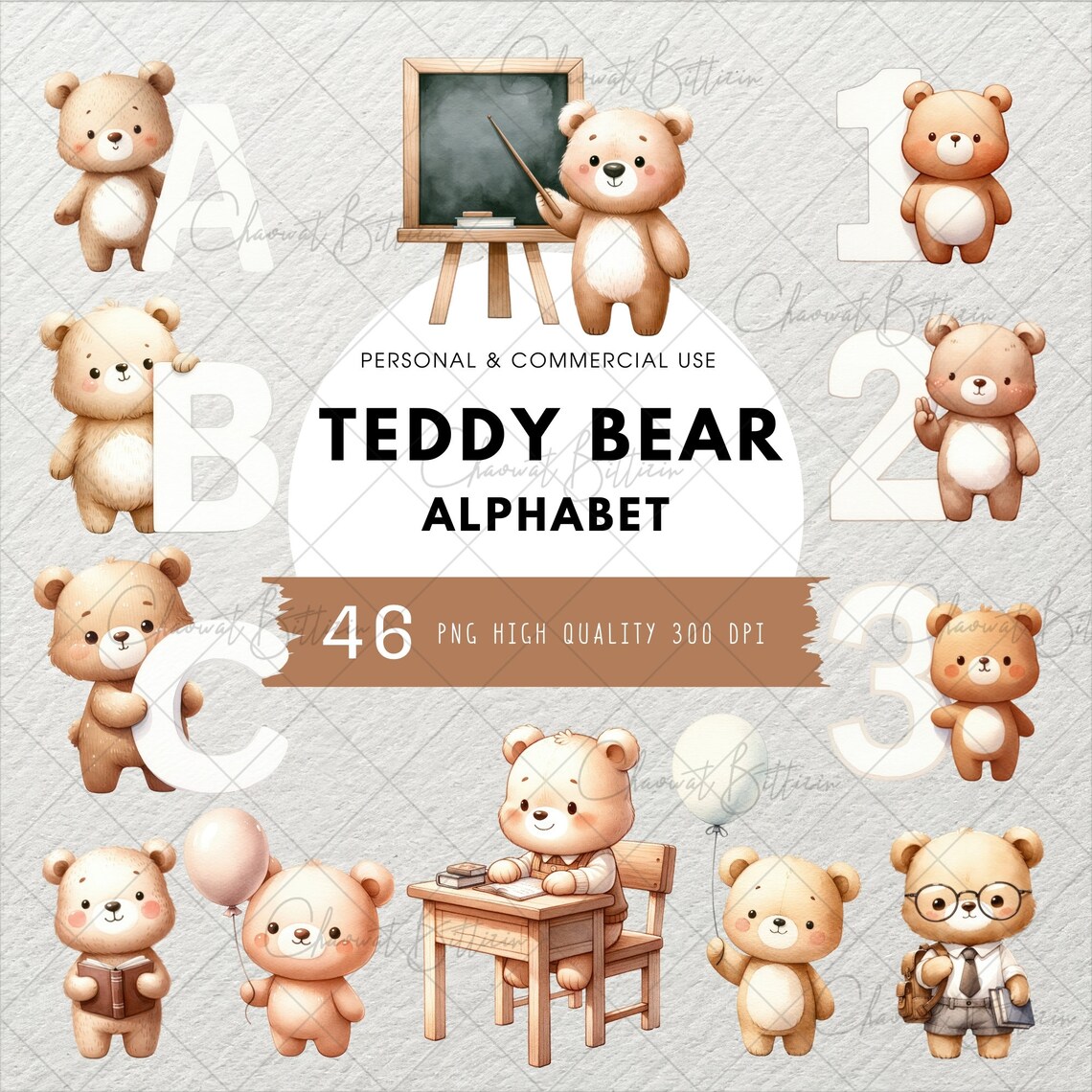 Teddy Bear Alphabet Clipart Watercolor Bear Letters PNG - Etsy