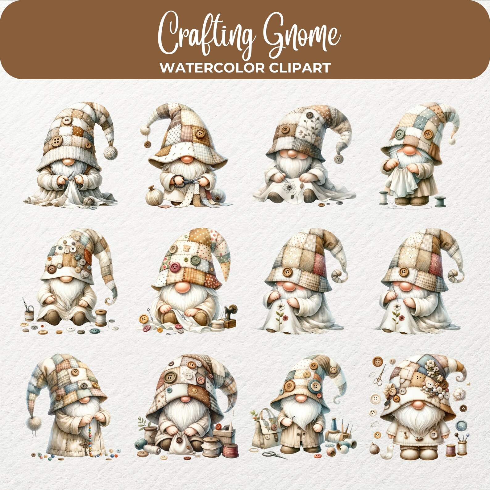 Crafting Gnome Clipart Bundle, Gnome Clip Art, Handcrafted Watercolor ...