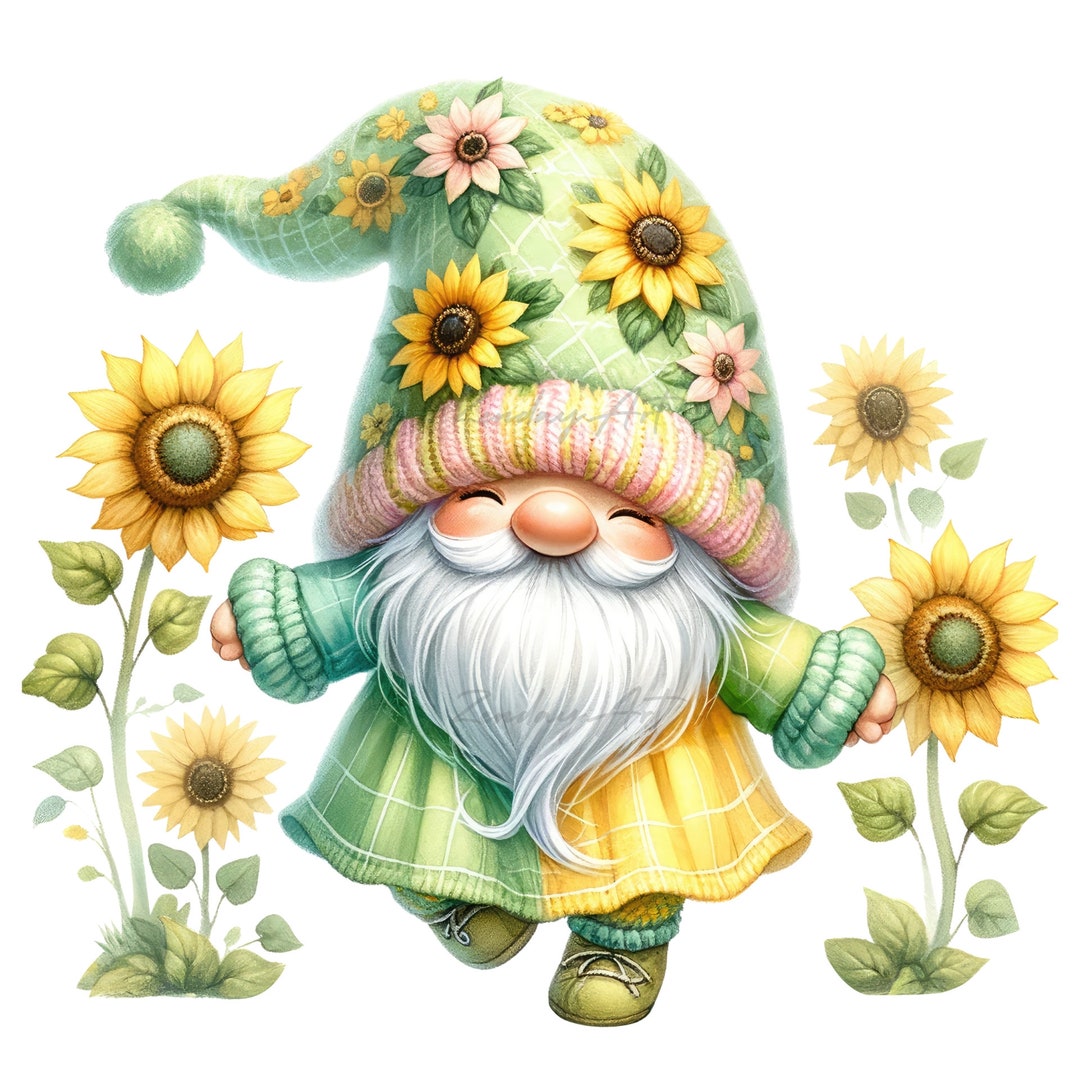 Watercolor Sunflowers Gnome Clipart, Garden Clipart, Flowers Gnomes ...