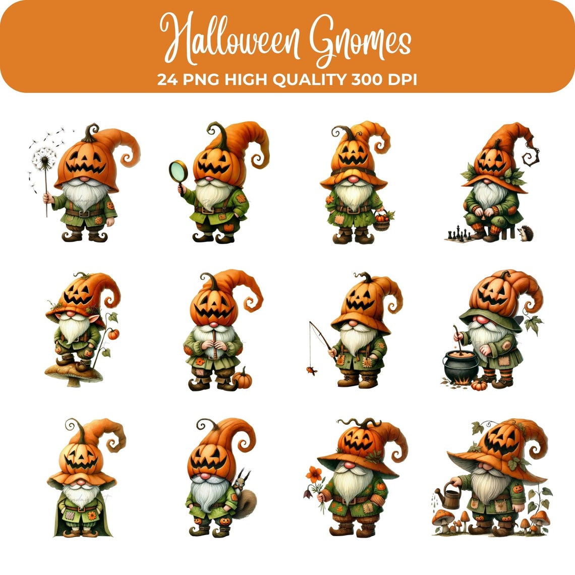 Watercolor Halloween Gnome Clipart | 24 Cute Pumpkin Gnome Clipart ...