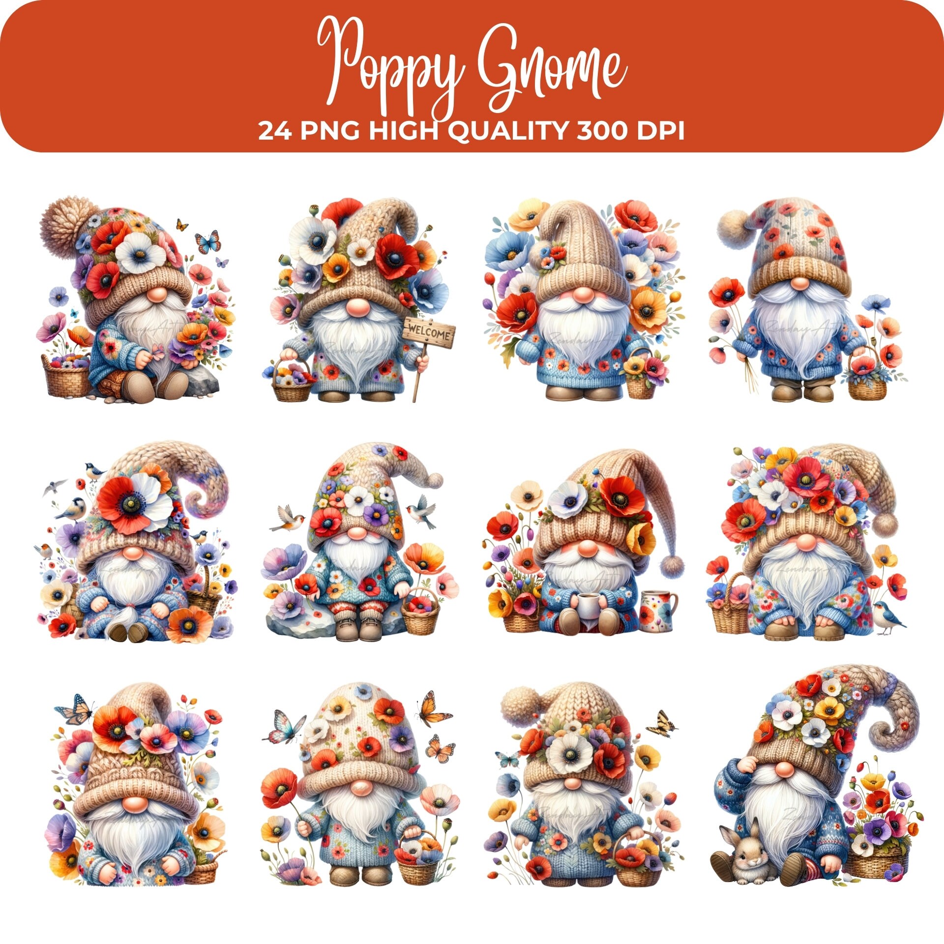 Watercolor Poppy Gnome Clipart: Spring Floral PNG (digital Download) - Etsy