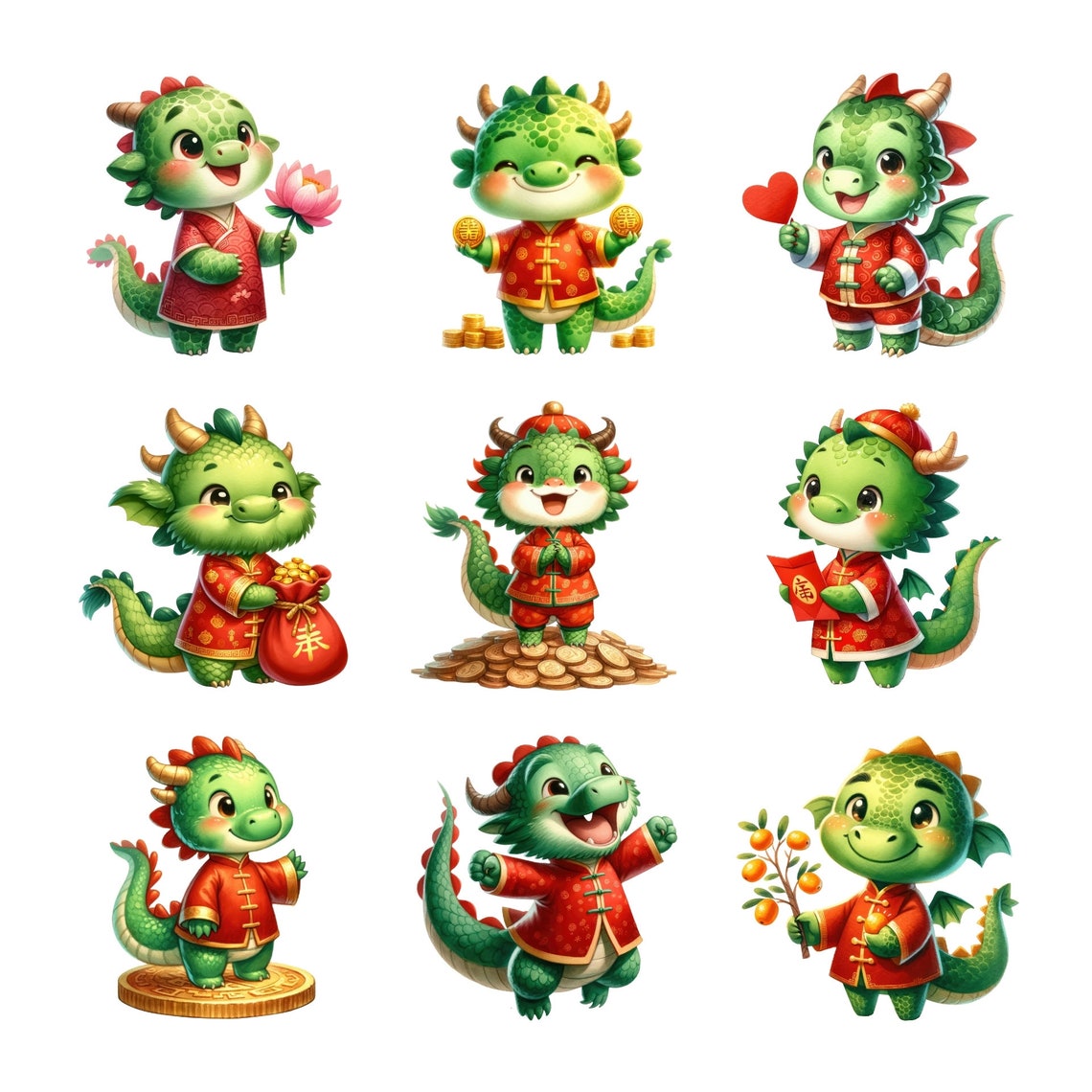 Cute Dragon Clipart, Happy Chinese New Year 2024 Watercolor Clipart ...