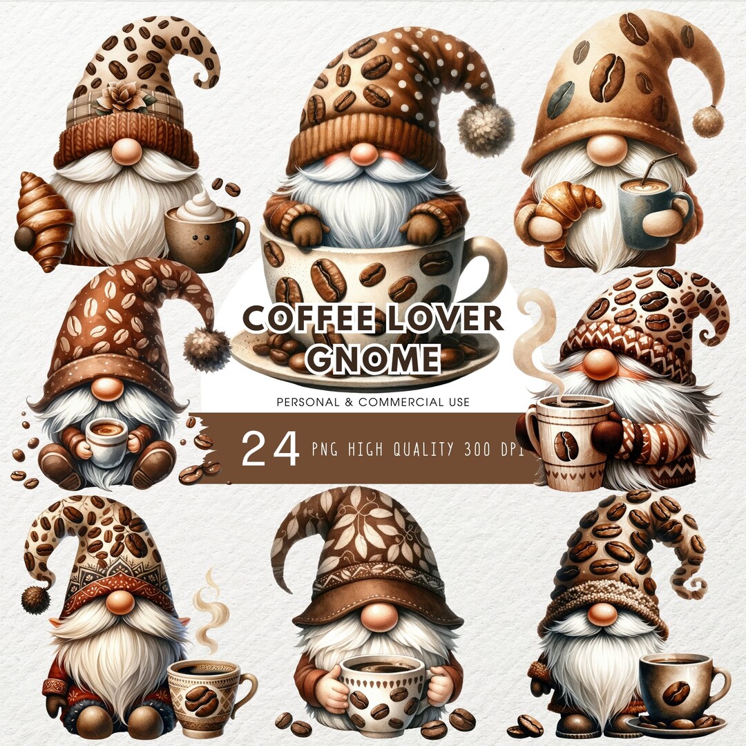 Watercolor Coffee Lover Gnome Clipart, Coffee Gnome PNG, Coffee Latte ...