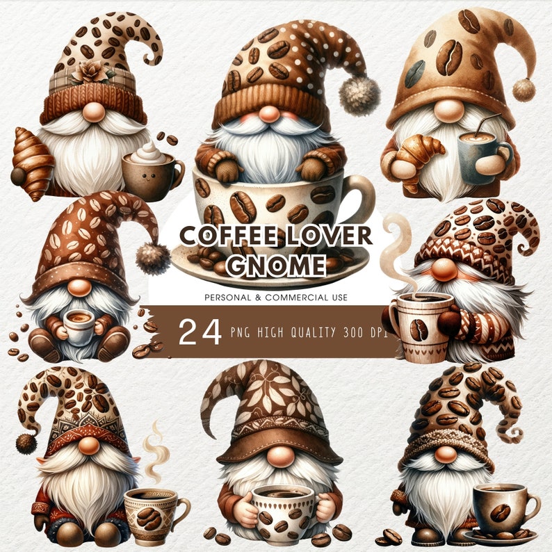 Watercolor Coffee Lover Gnome Clipart, Coffee Gnome PNG, Coffee Latte ...