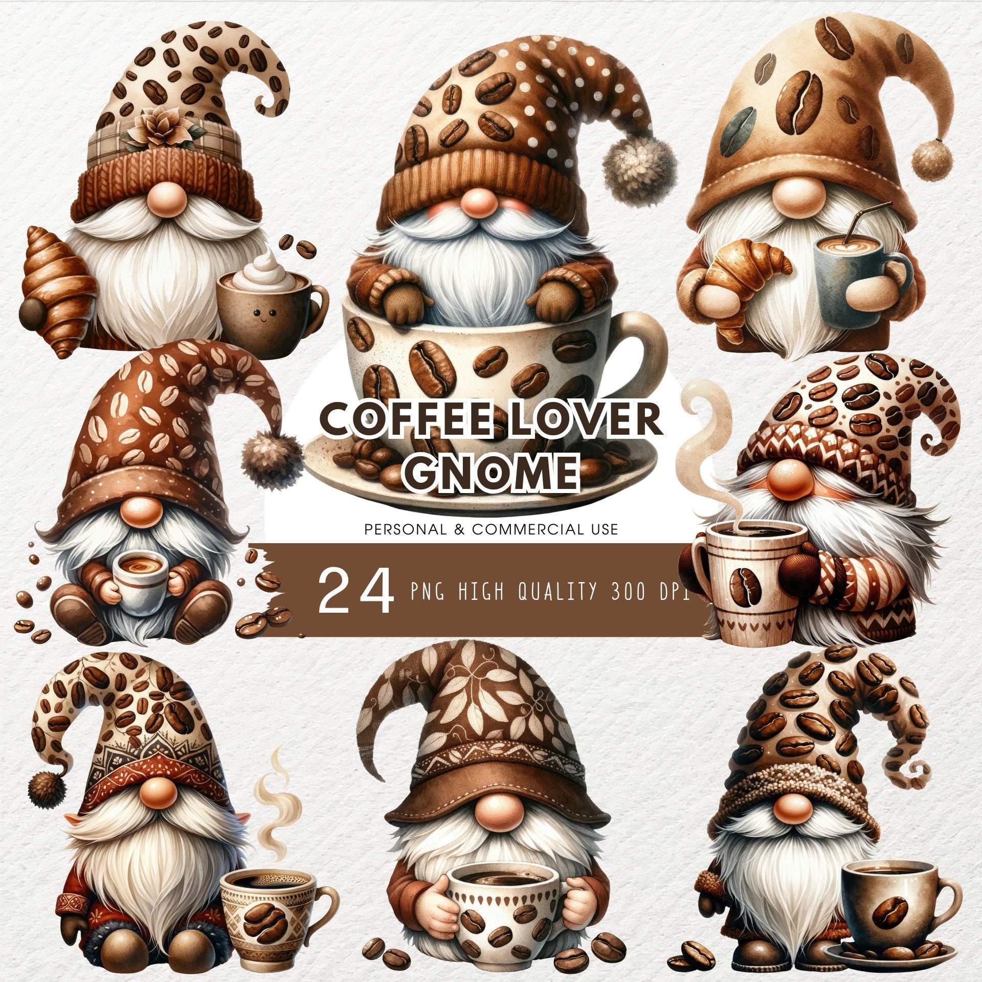 Watercolor Coffee Lover Gnome Clipart, Coffee Gnome PNG, Coffee Latte ...