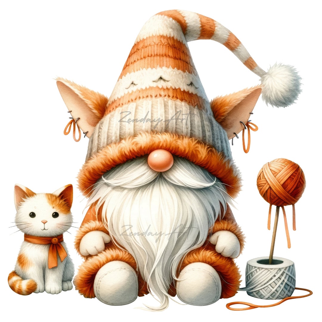 Watercolor Cat Gnome Clipart, Cat Lover Gnome Clipart, Cat Lover Gnome ...