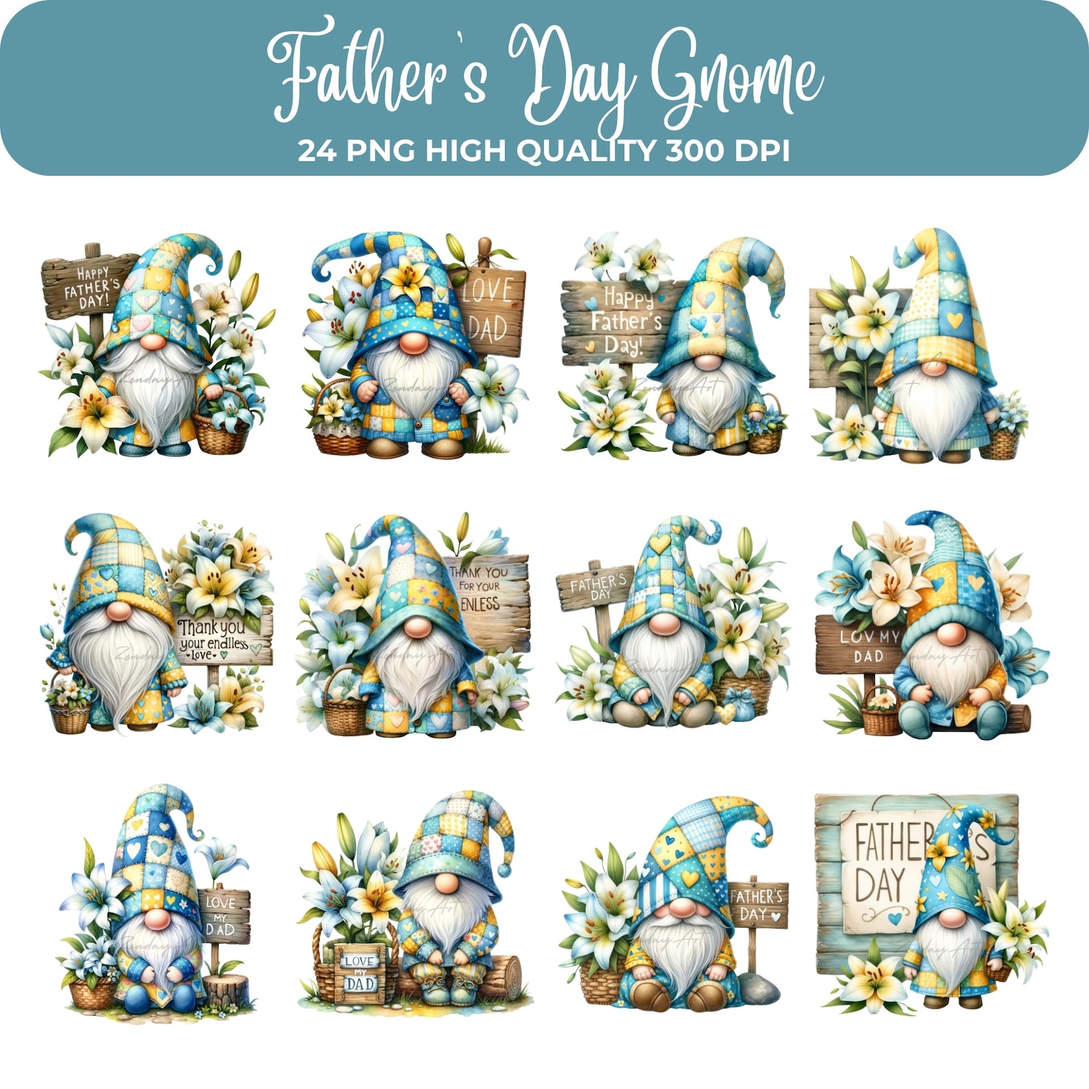 Watercolor Father's Day Lily Floral Gnome, Father's Day Clipart, Father ...