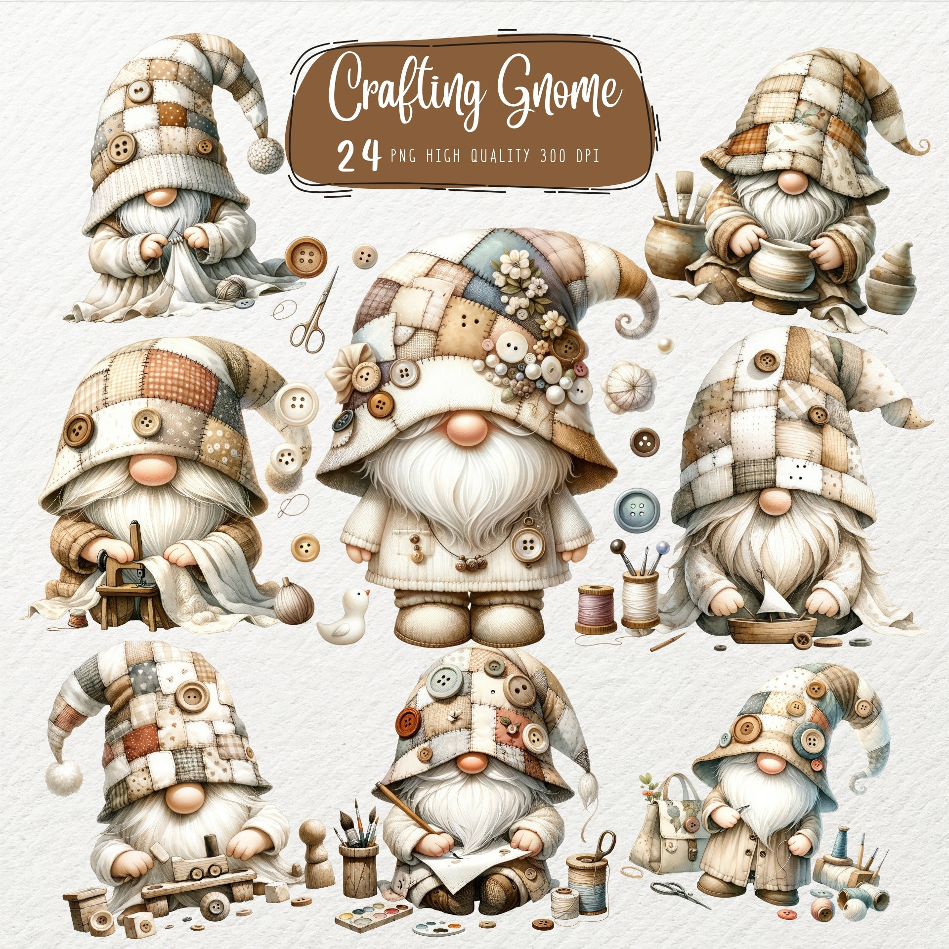 Crafting Gnome Clipart Bundle, Gnome Clip Art, Handcrafted Watercolor ...