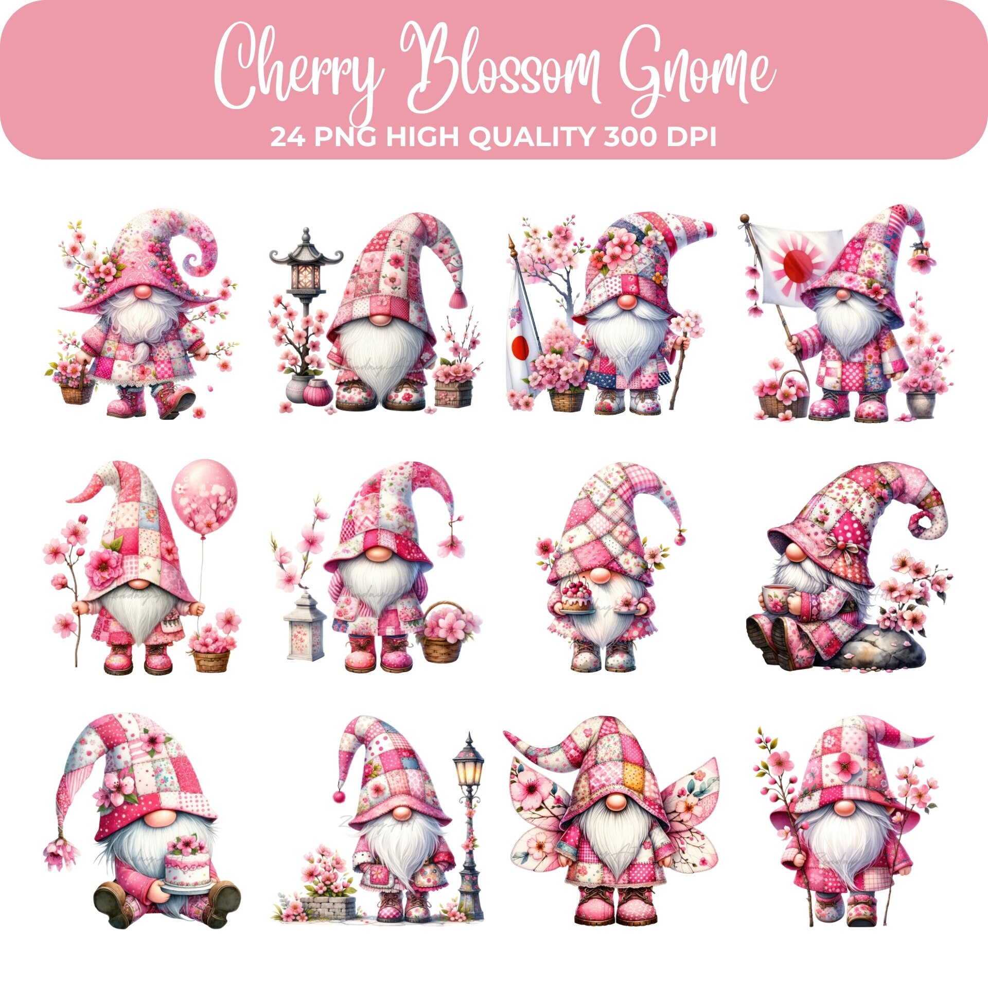 Watercolor Pink Cherry Blossom Gnomes Clipart, Spring Gnome PNG, Pink ...