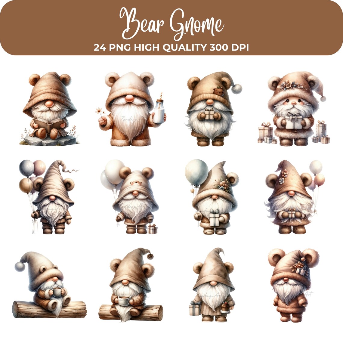 Watercolor Bear Gnome Clipart Bundle, Cute Forest Gnomes With Bear Ears ...