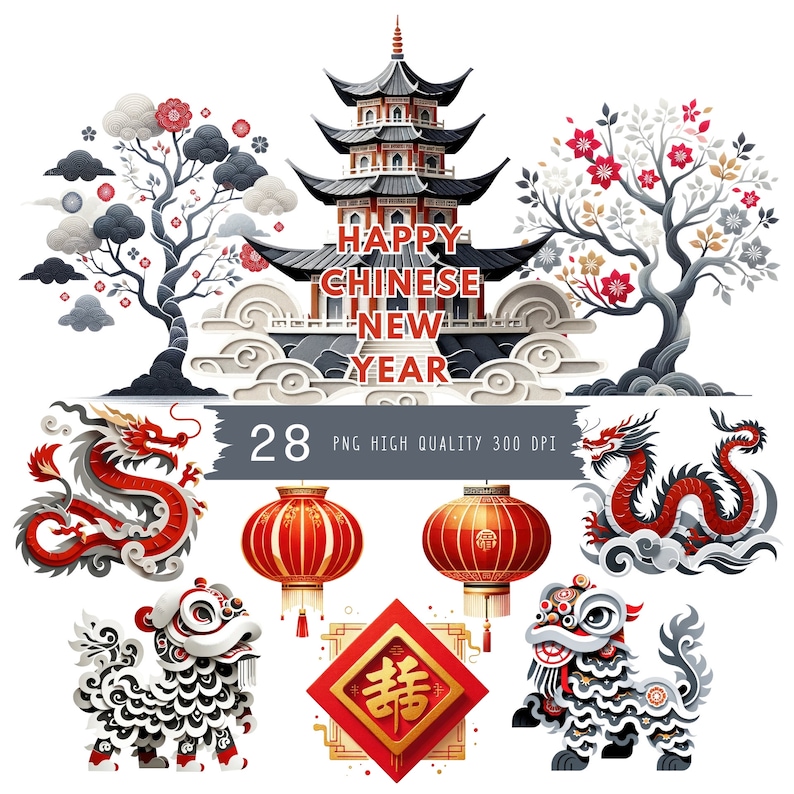 2024 Chinese New Year Watercolor Clipart, Red Dragon Paper Cut Clipart ...