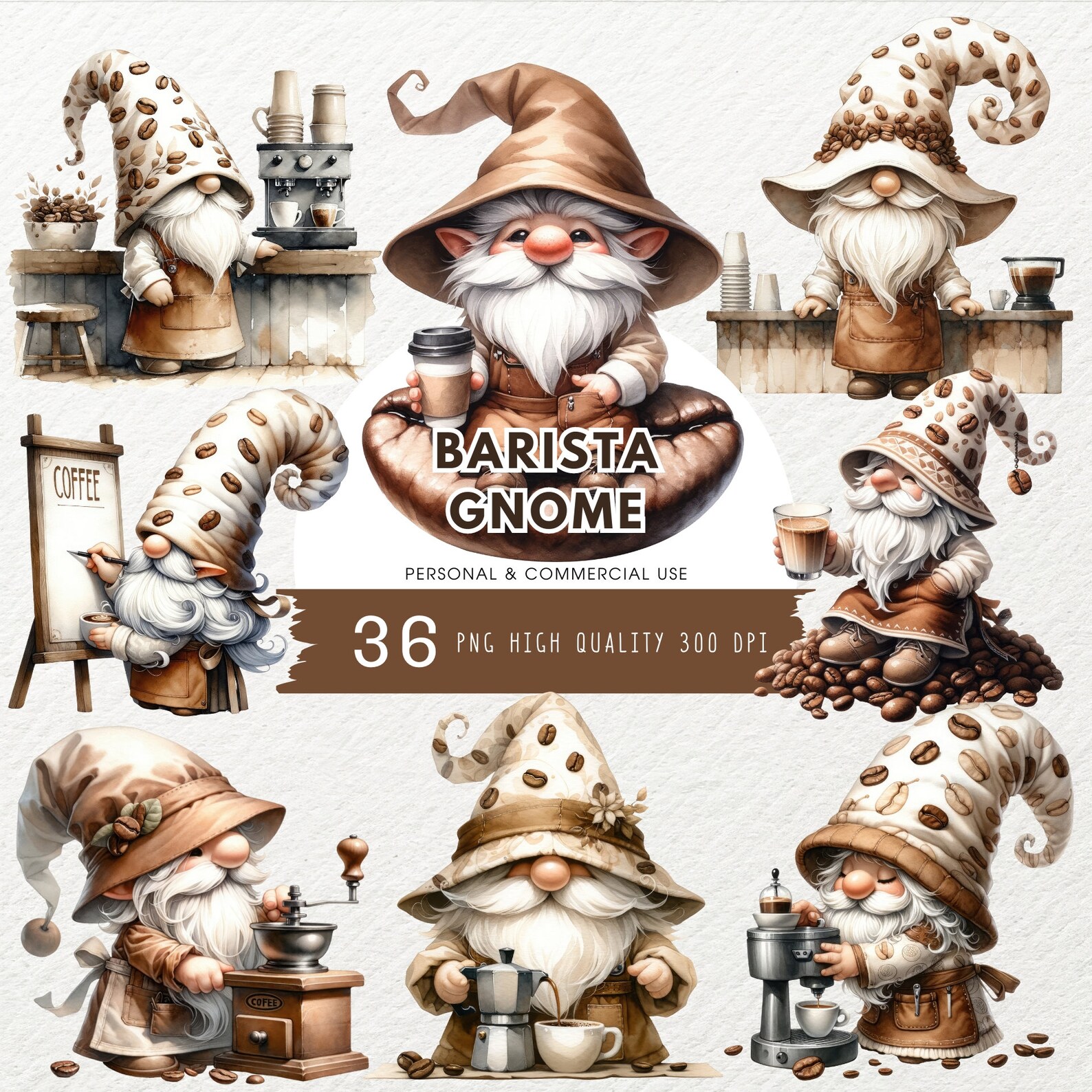 Watercolor Barista Gnome, Coffee Beans Lover, Coffee Gnomes PNG, Coffee ...