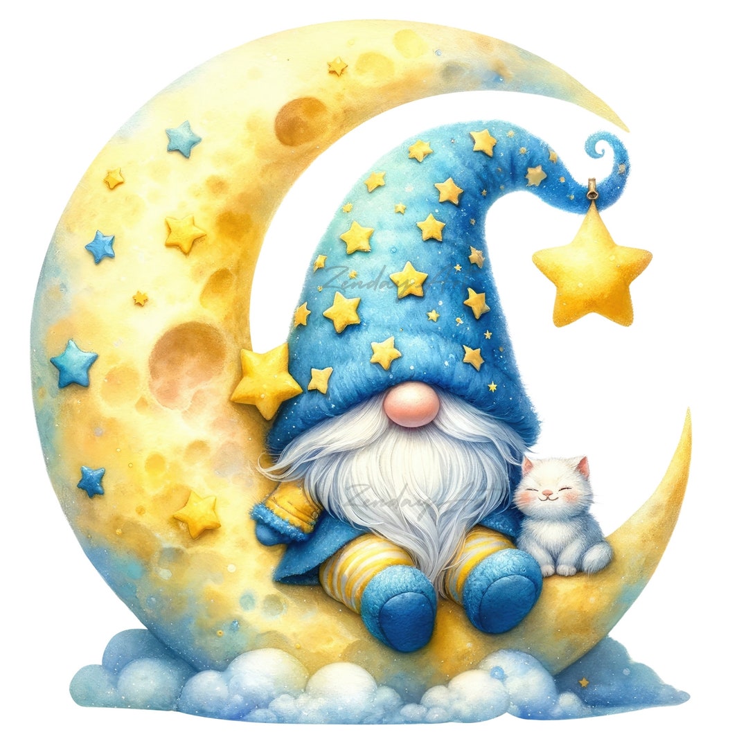 Watercolor Moon and Star Gnome Clipart Bundle, Gnome Sit on the Moon ...