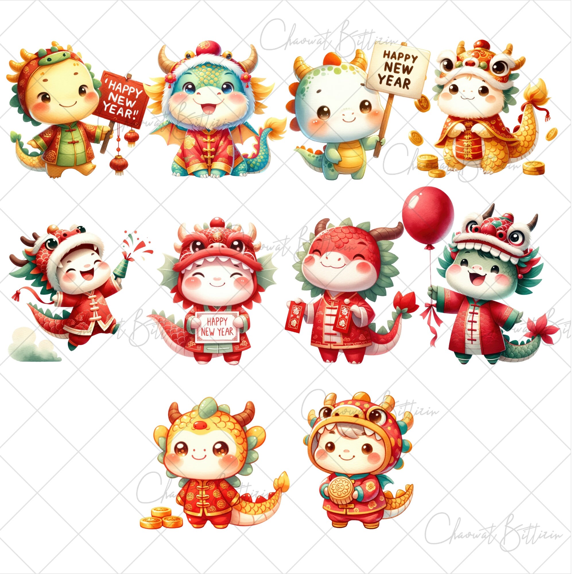 Cute Dragon Clipart Chinese New Year 2024 Watercolor - Etsy