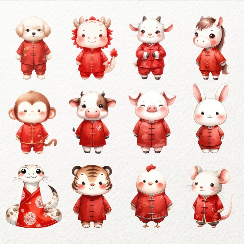 12 Chinese Zodiac Animals, Chinese New Year Clipart, Zodiac Watercolor ...