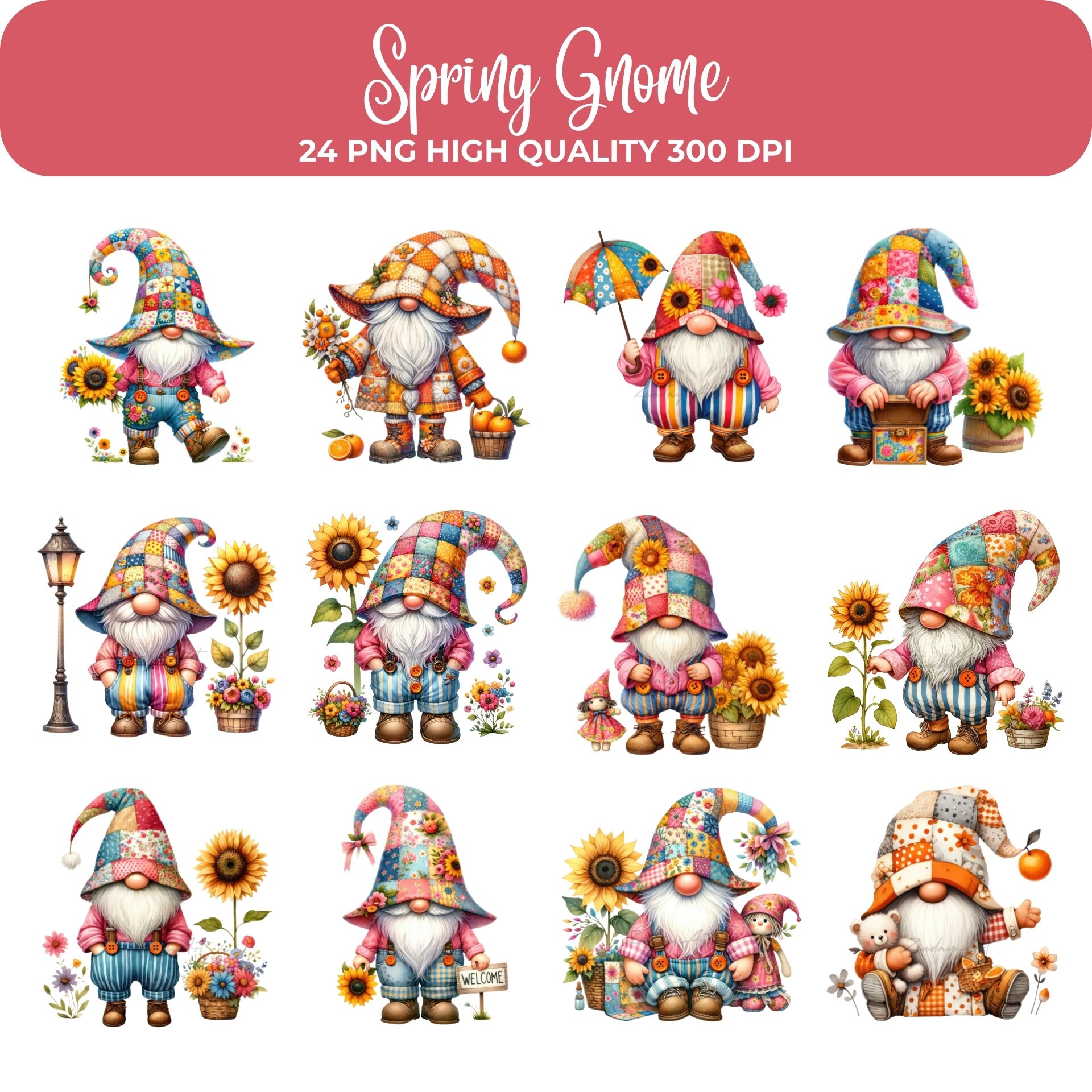 Watercolor Spring Gnomes Clipart Bundle: Floral Garden PNG (digital ...