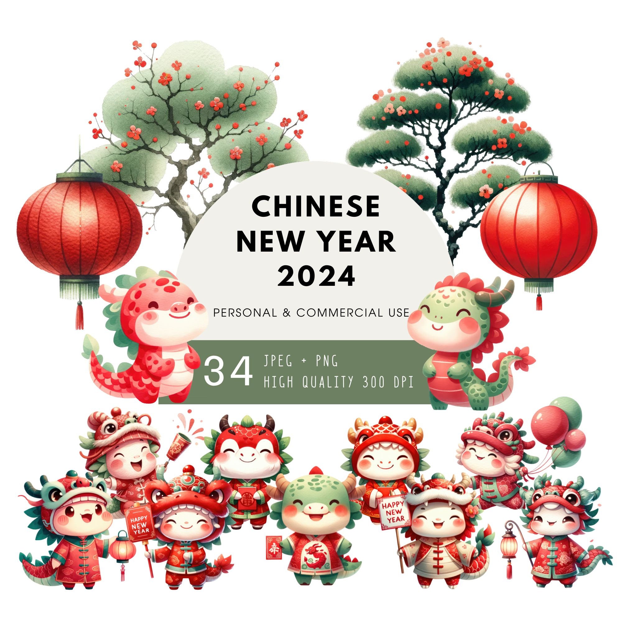 Cute Dragon Clipart, Chinese New Year 2024 Watercolor Clipart, Baby ...