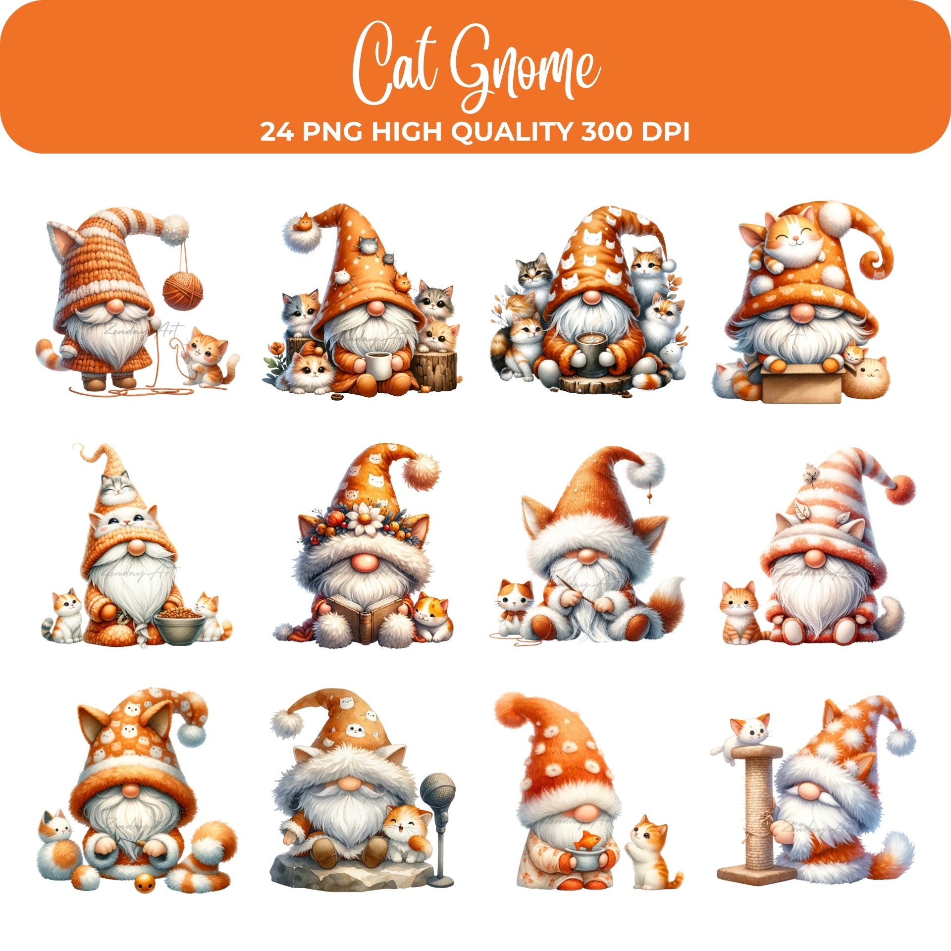 Watercolor Cat Gnome Clipart, Cat Lover Gnome Clipart, Cat Lover Gnome ...