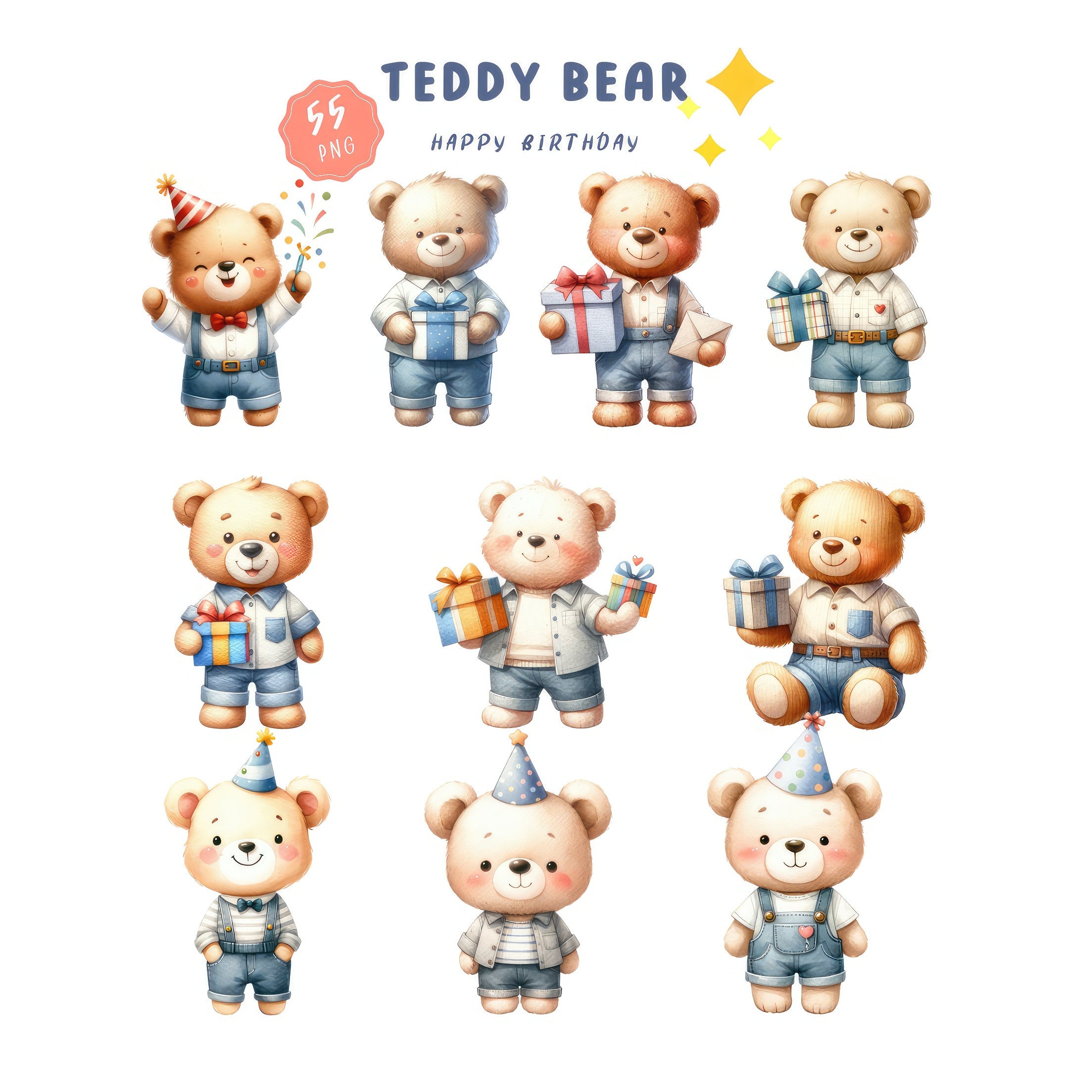 Watercolor Teddy Bear Clipart, Happy Birthday, Watercolor Party ...