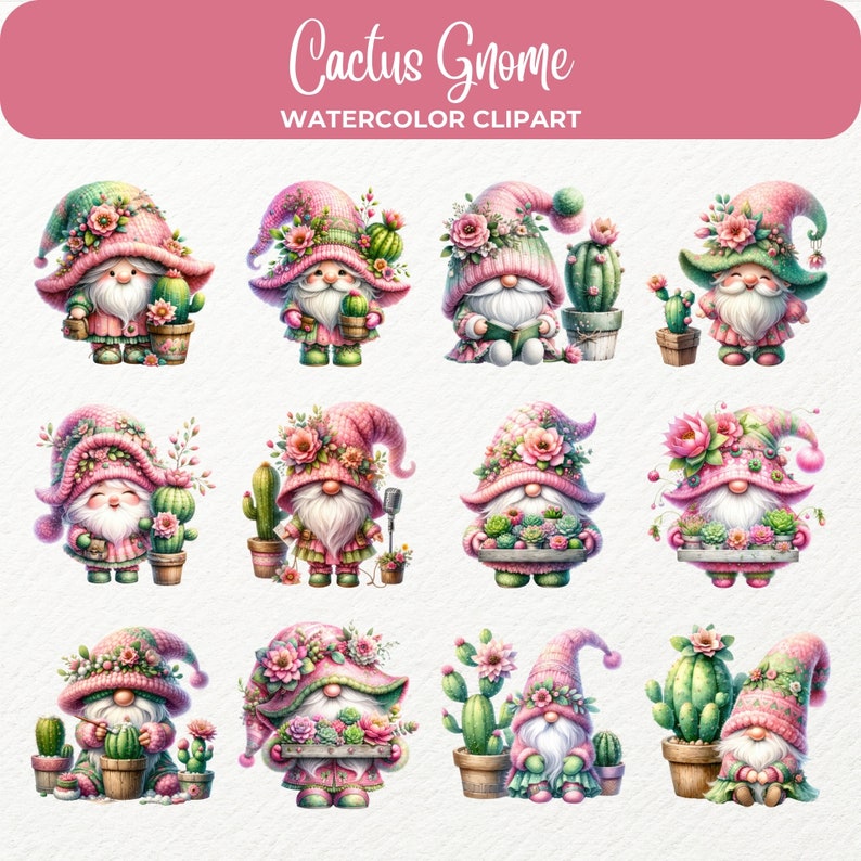 Watercolor Cactus Gnome Clipart: Summer Garden PNG (digital Download ...