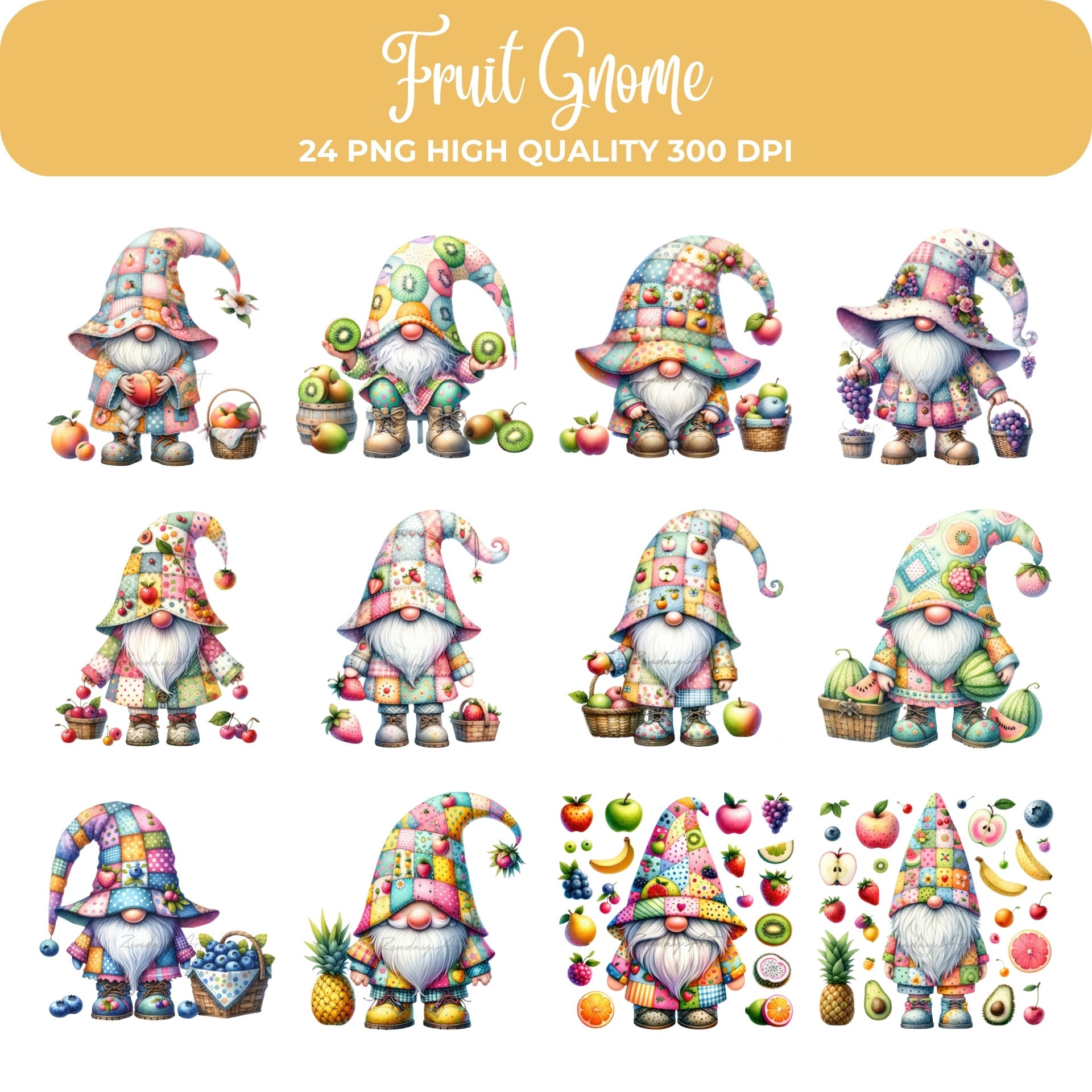 Watercolor Fruit Gnomes Clipart Collection, Colorful Fruits Gnome ...