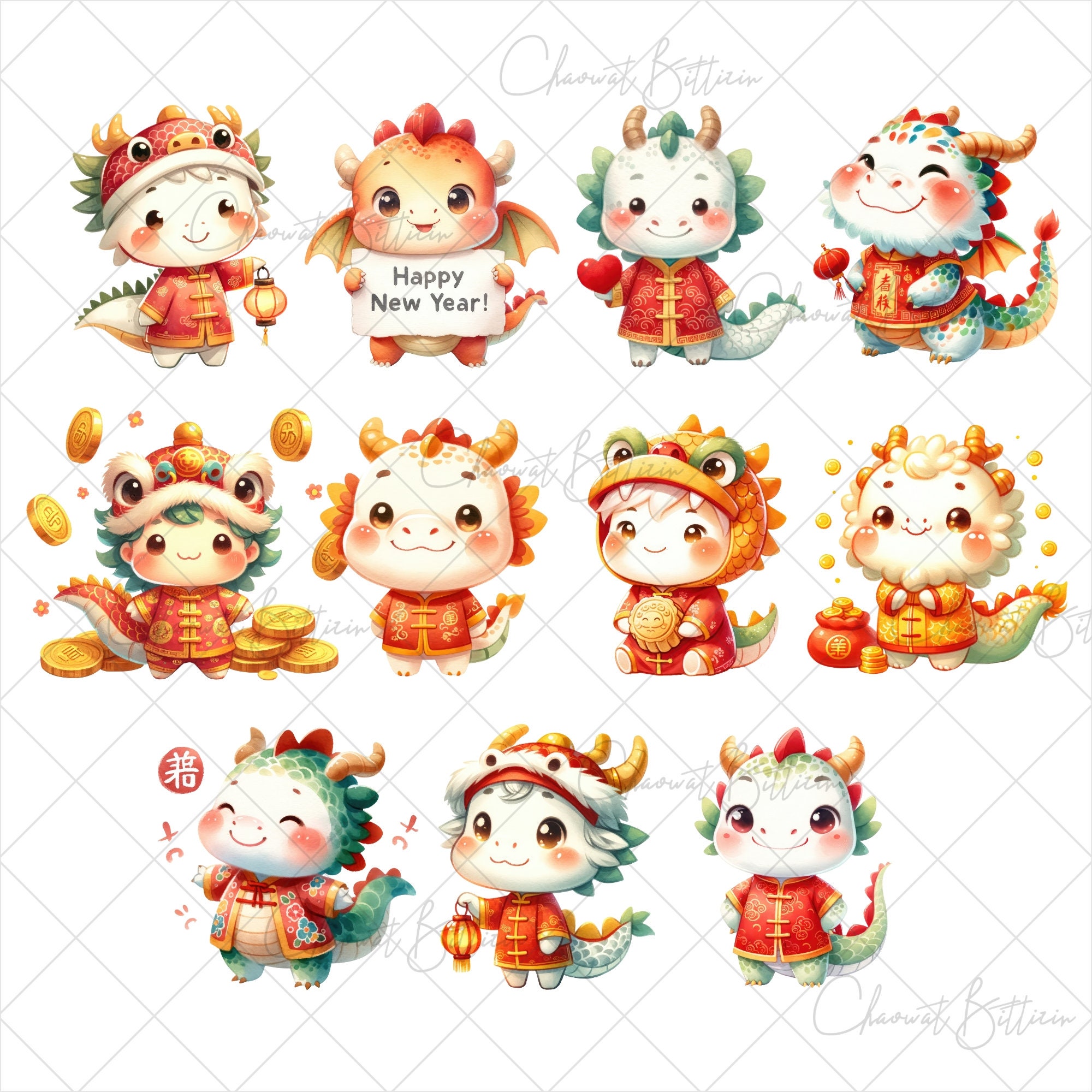 Cute Dragon Clipart Chinese New Year 2024 Watercolor - Etsy