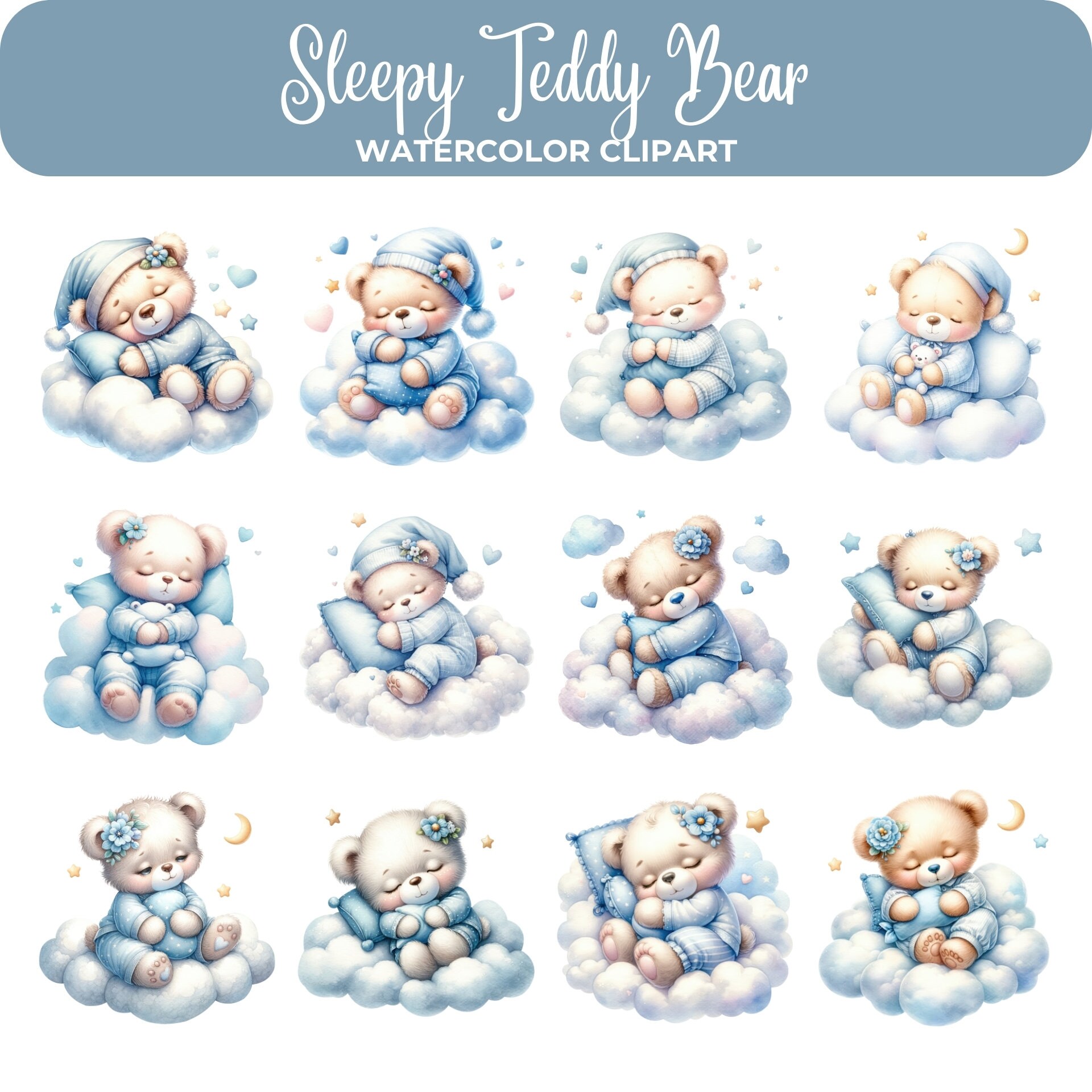 Watercolor Teddy Bear Baby Shower Clipart, Cute Bear Sleeping on the ...