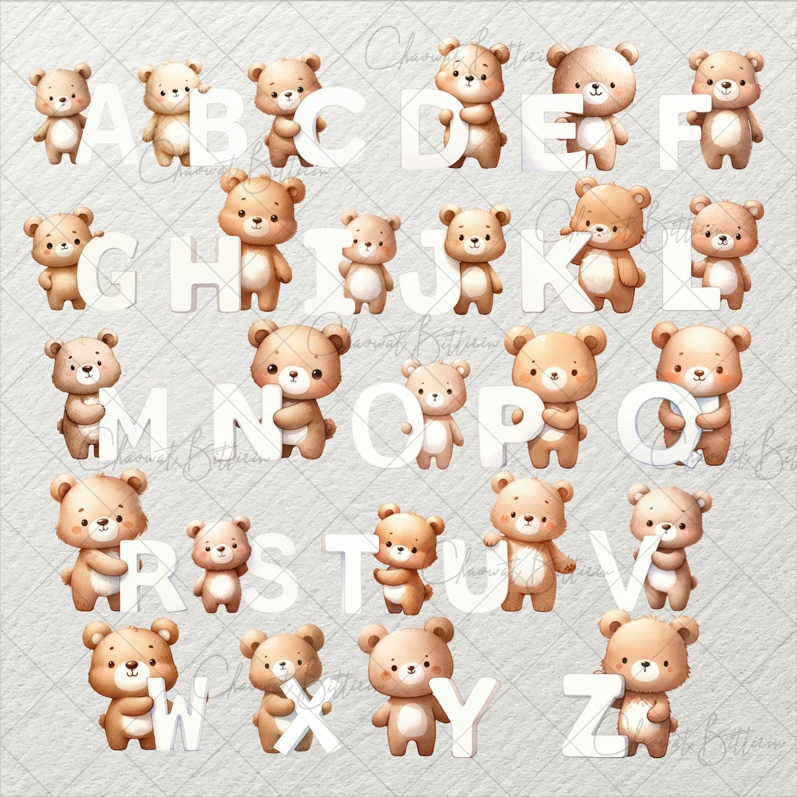 Teddy Bear Alphabet Clipart Watercolor Bear Letters PNG - Etsy