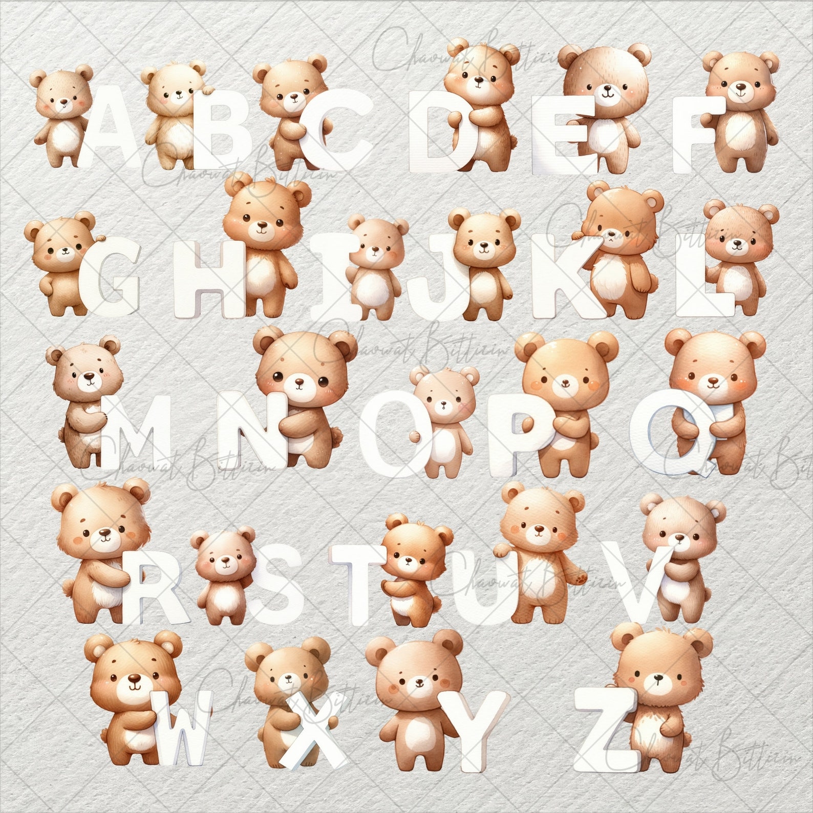Teddy Bear Alphabet Clipart Watercolor Bear Letters PNG - Etsy