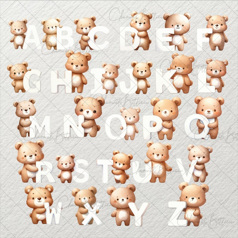 Teddy Bear Alphabet Clipart Watercolor Bear Letters PNG - Etsy