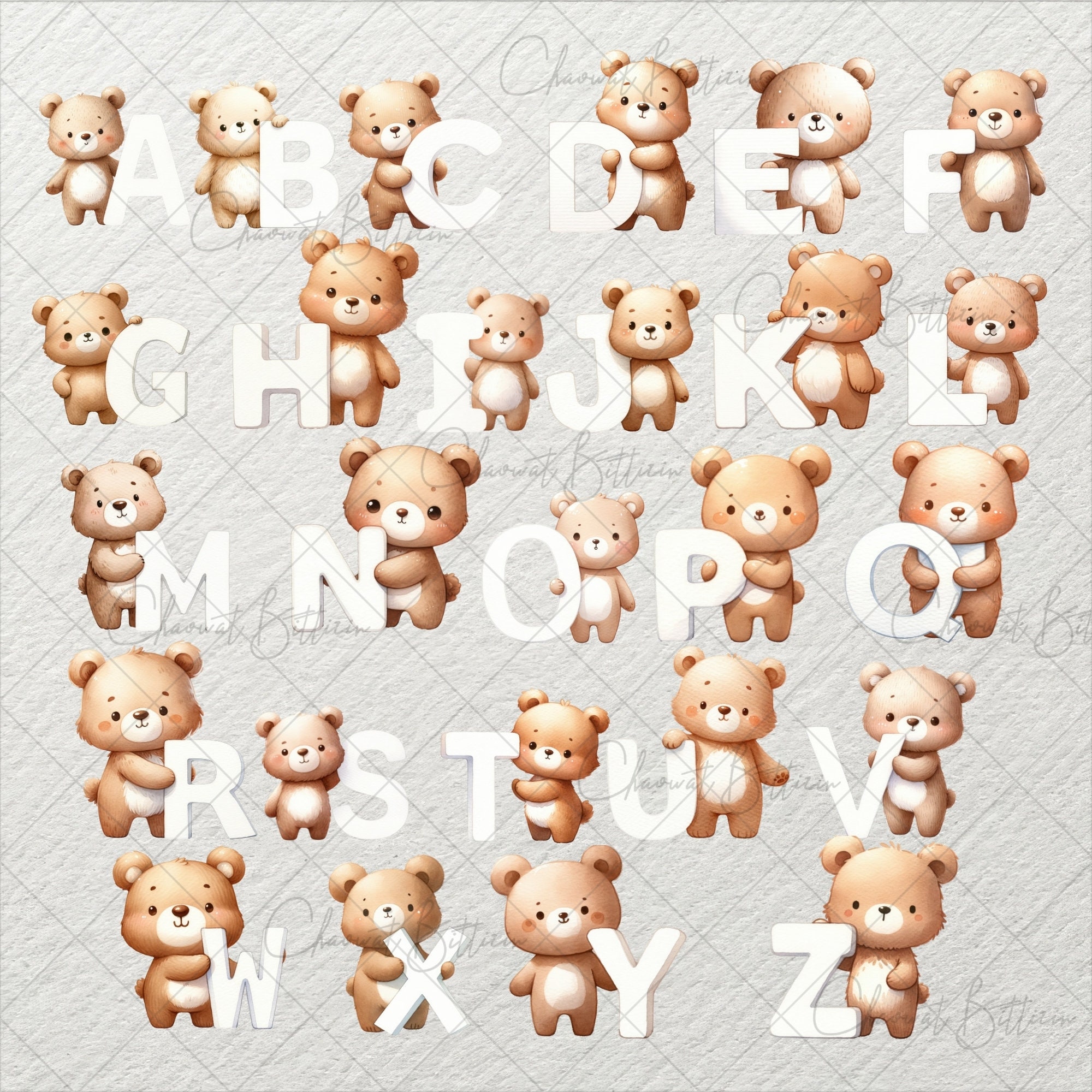 Teddy Bear Alphabet Clipart Watercolor Bear Letters PNG - Etsy