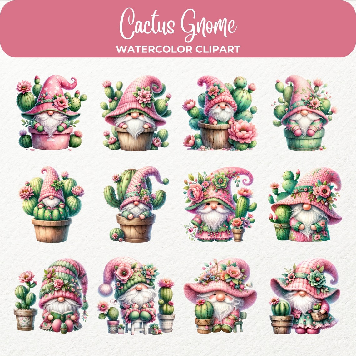 Watercolor Cactus Gnome Clipart: Summer Garden PNG (digital Download ...