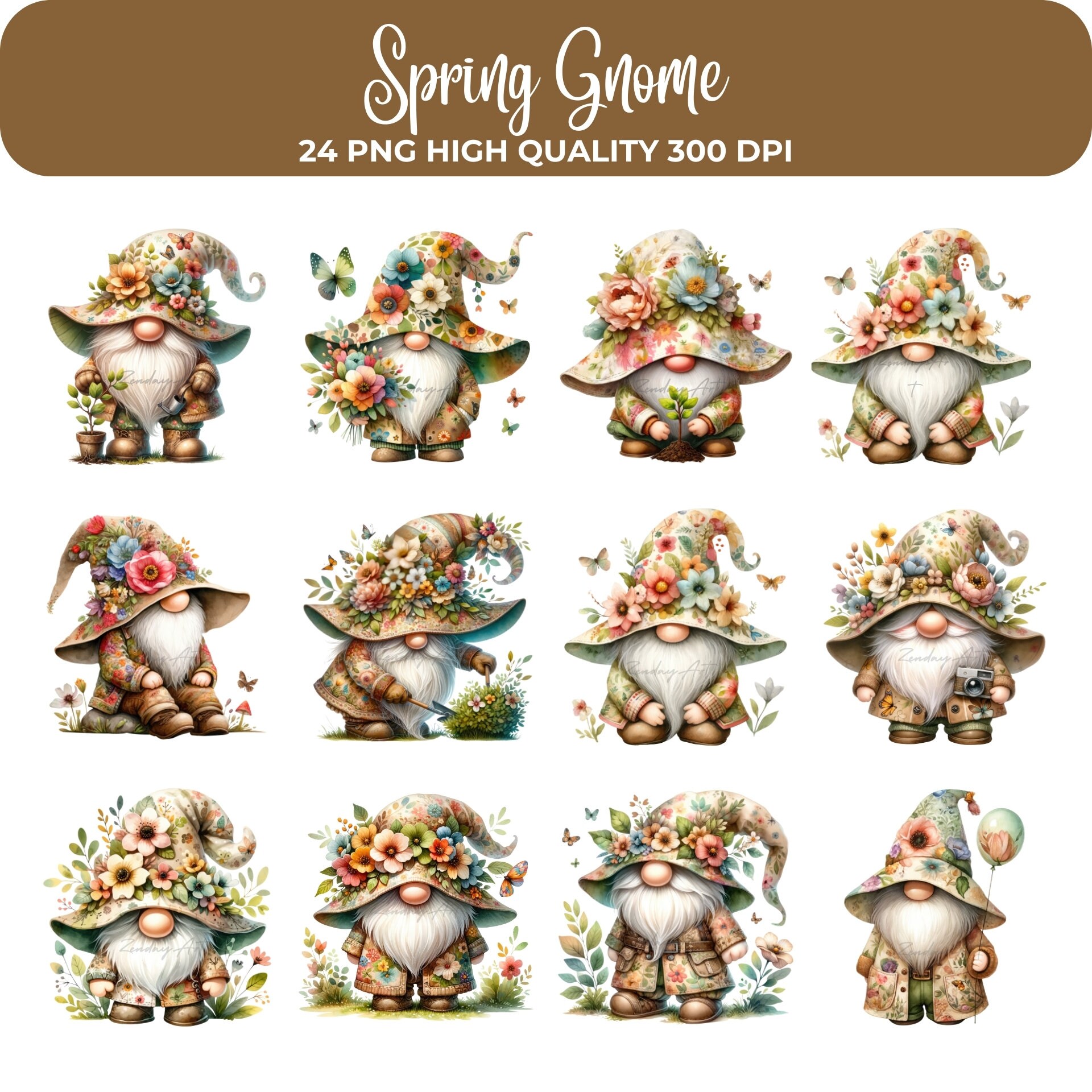 Spring Gnomes Clipart Bundle: Floral Garden PNG Graphics (commercial ...