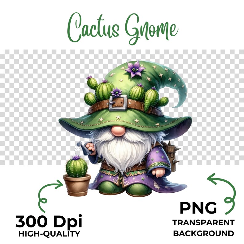 Watercolor Cactus Gnome Clipart, Cactus Gnome Clipart, Garden Clipart ...
