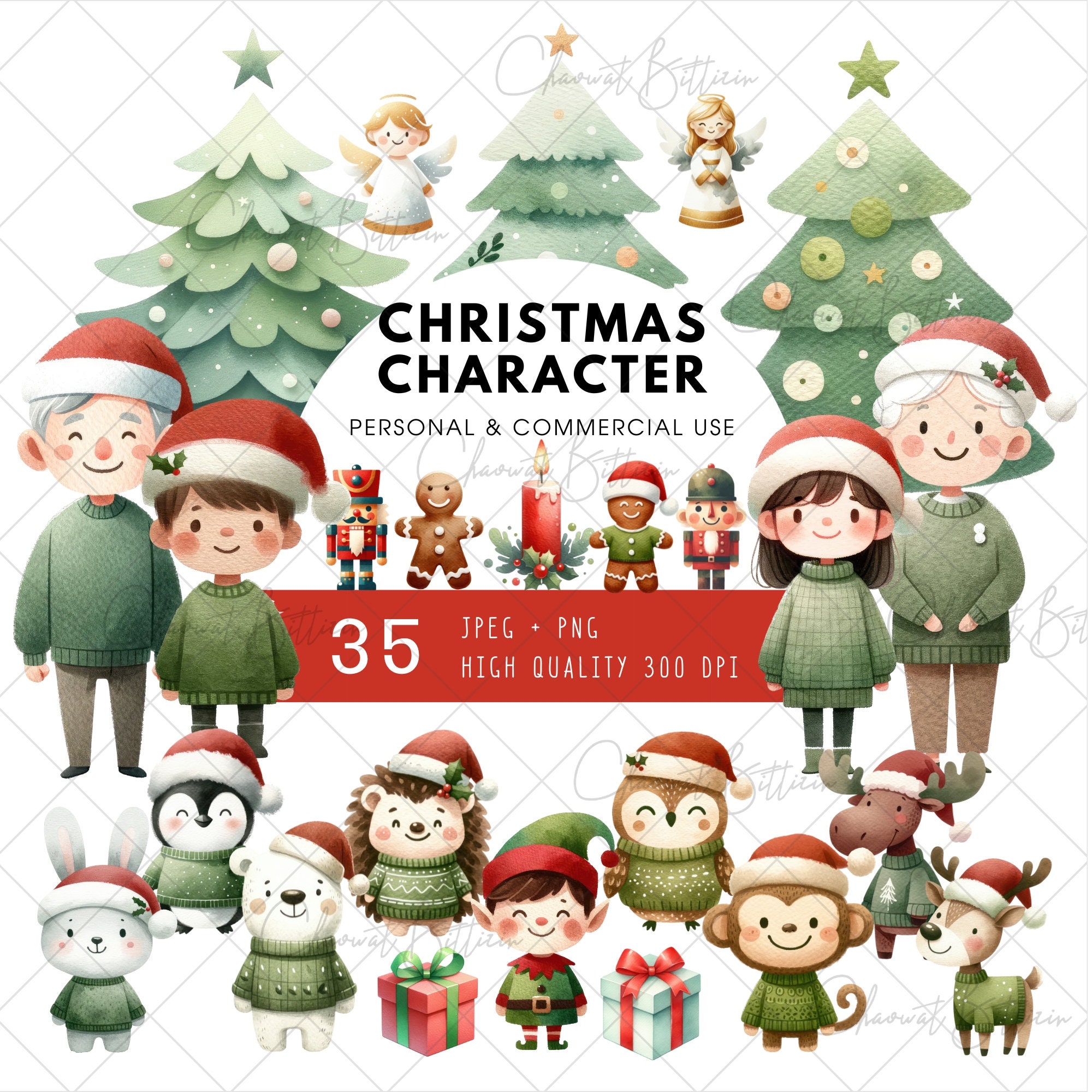Cute Christmas Characters Scandinavian Christmas Clipart Watercolor ...