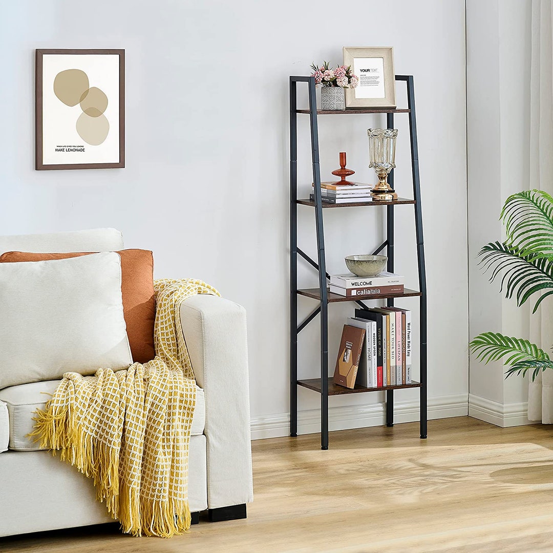 4 Tier Wooden Ladder Shelf With Metal Frame Book Shelf Leaning Ladder ...