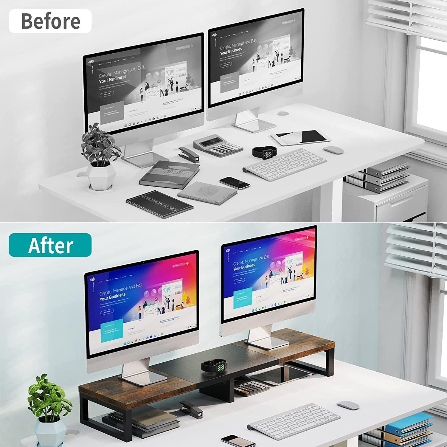 Wooden Dual Monitor Stand Monitor Riser Printer Stand Large Monitor ...