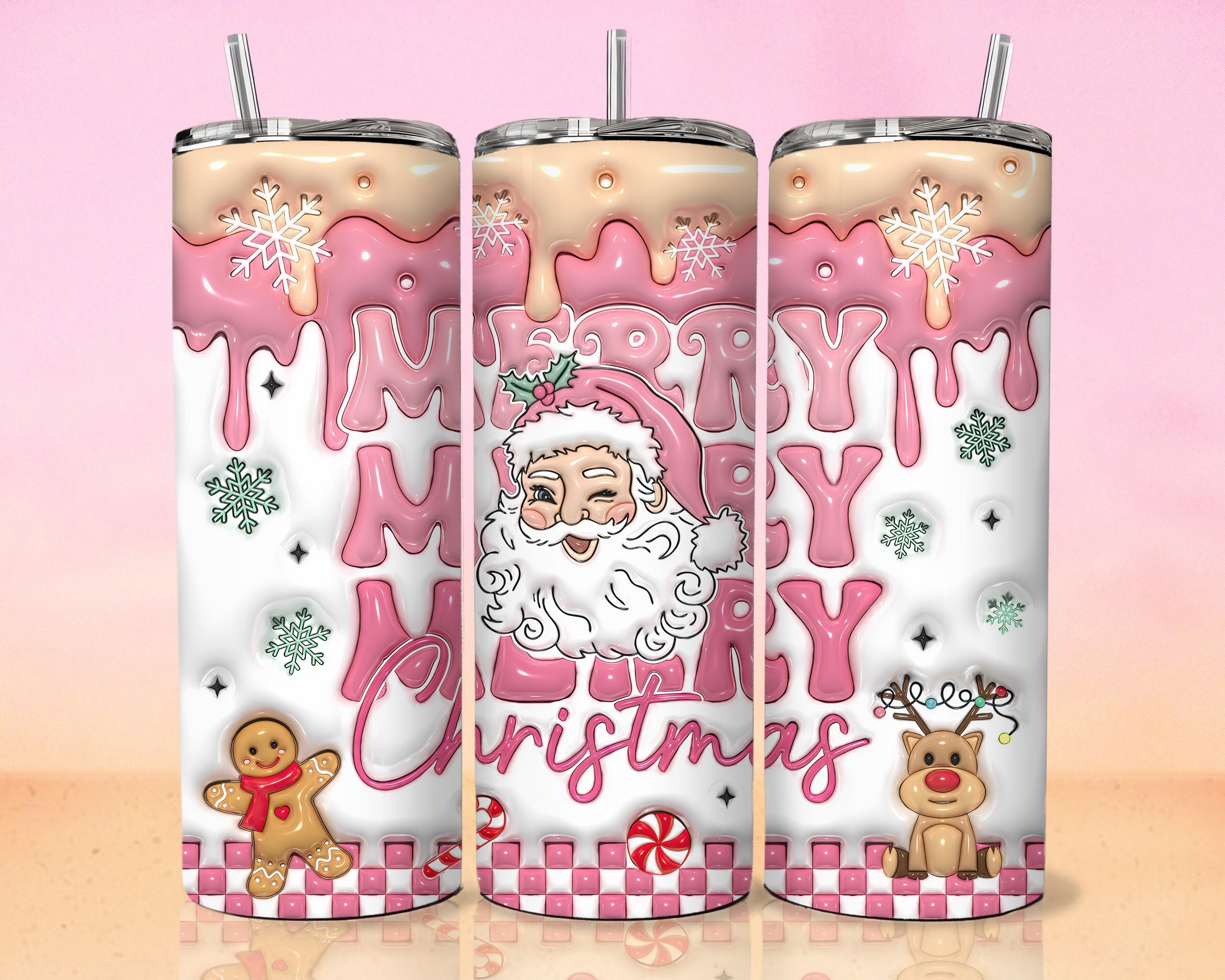 3D Pink Christmas Santa Inflated Tumbler Wrap, 3D Puff Santa Claus 20oz ...