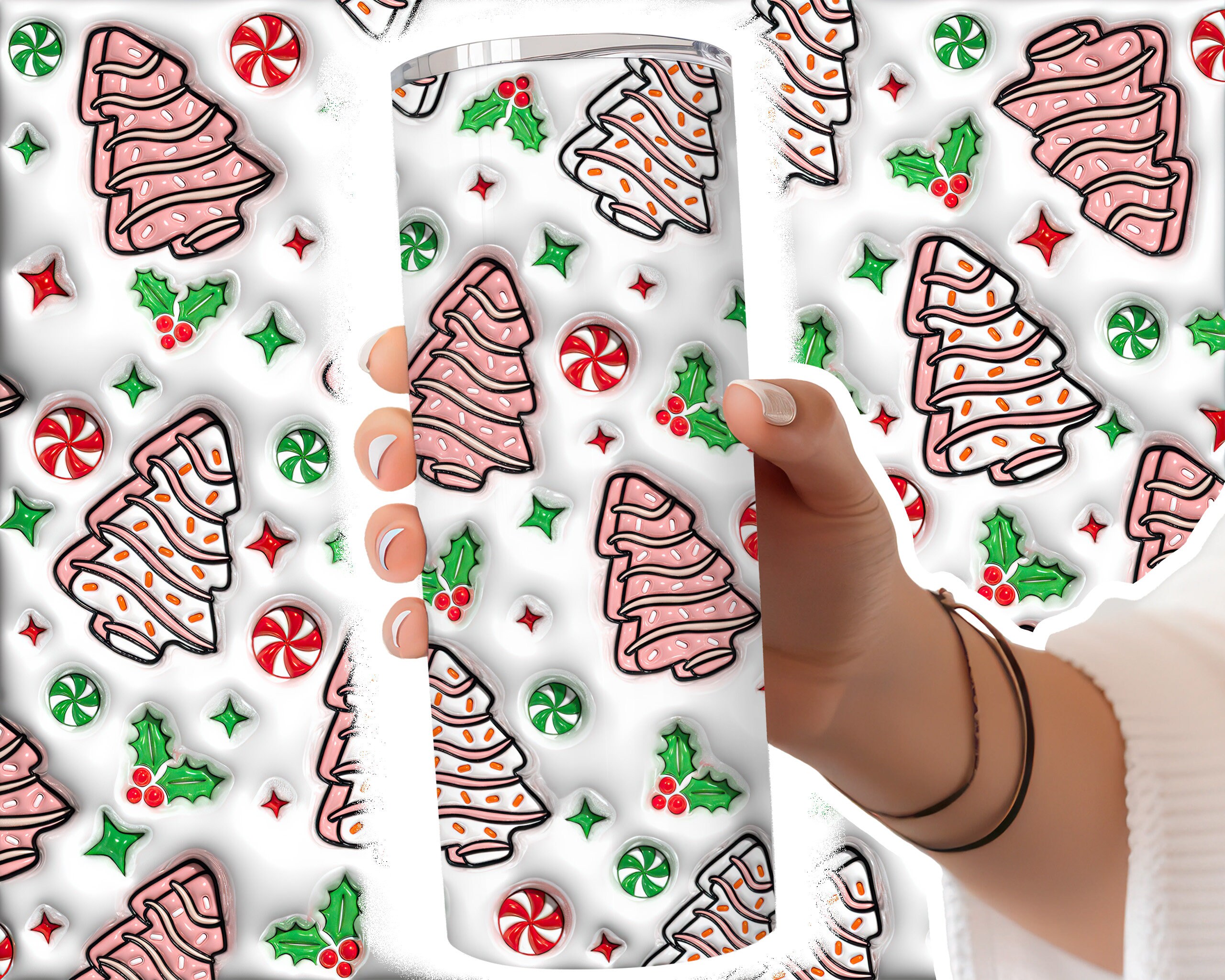 3D Pink Christmas Tree Cakes Inflated Tumbler Wrap, Christmas Snack ...