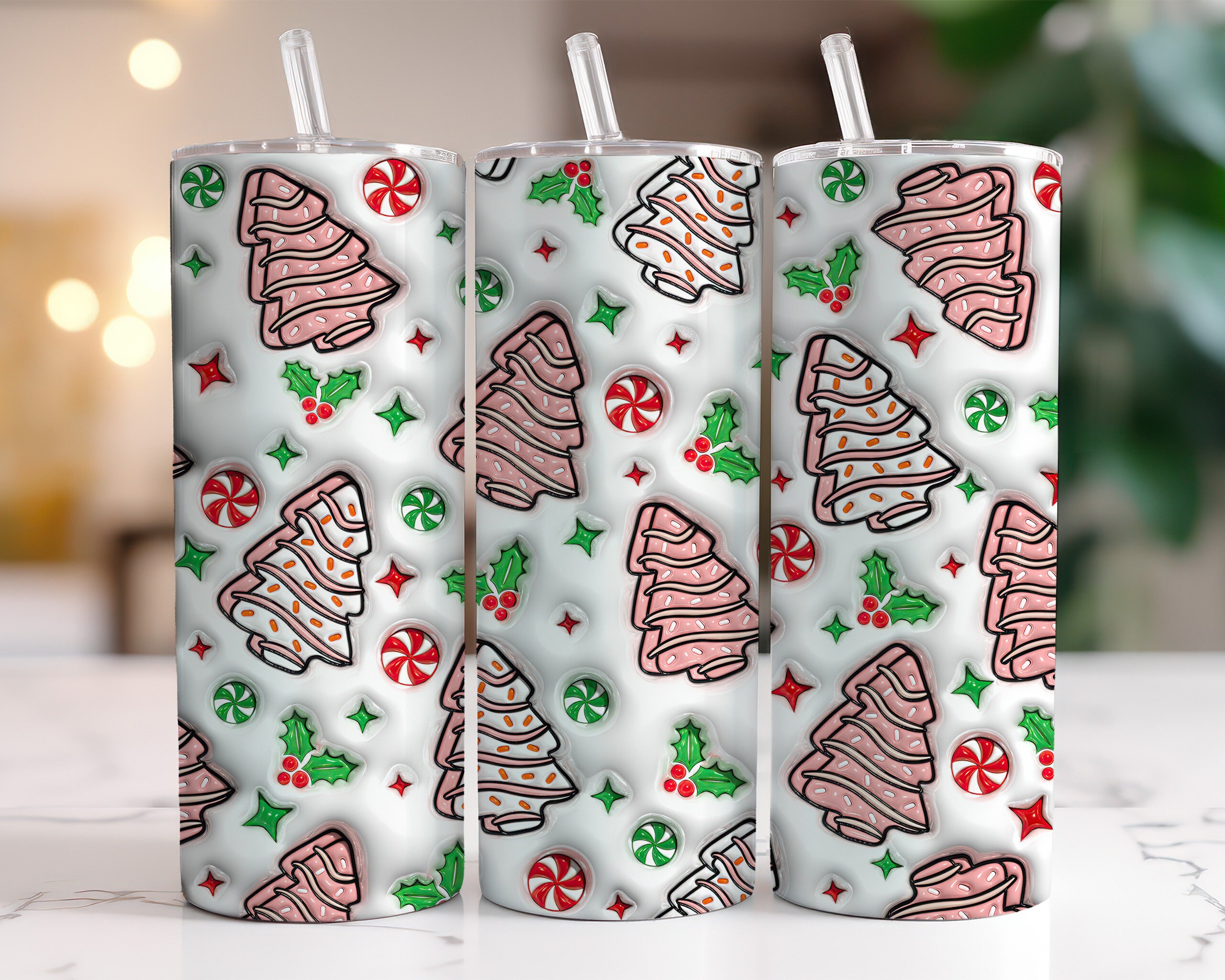 3D Pink Christmas Tree Cakes Inflated Tumbler Wrap, Christmas Snack ...