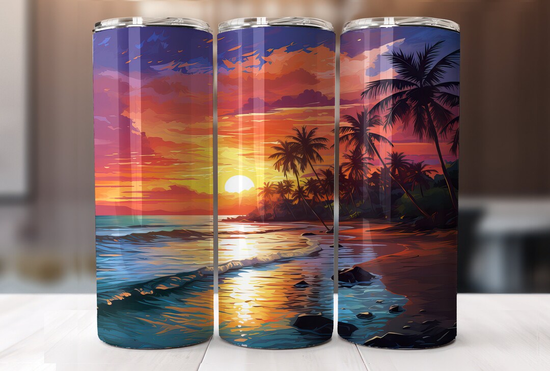 Tropical Sunset Beach Scene 20 Oz Skinny Tumbler Sublimation Design ...