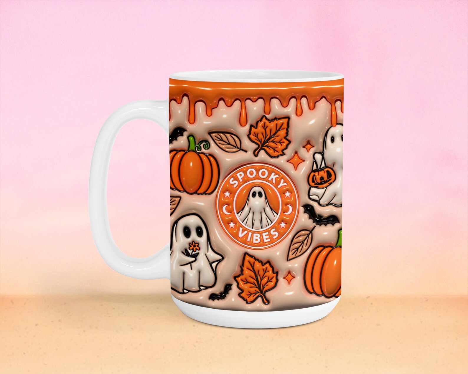 Orange Spooky Vibes 3D Inflated Mug Wrap, Fall 11oz & 15oz Mug Template ...