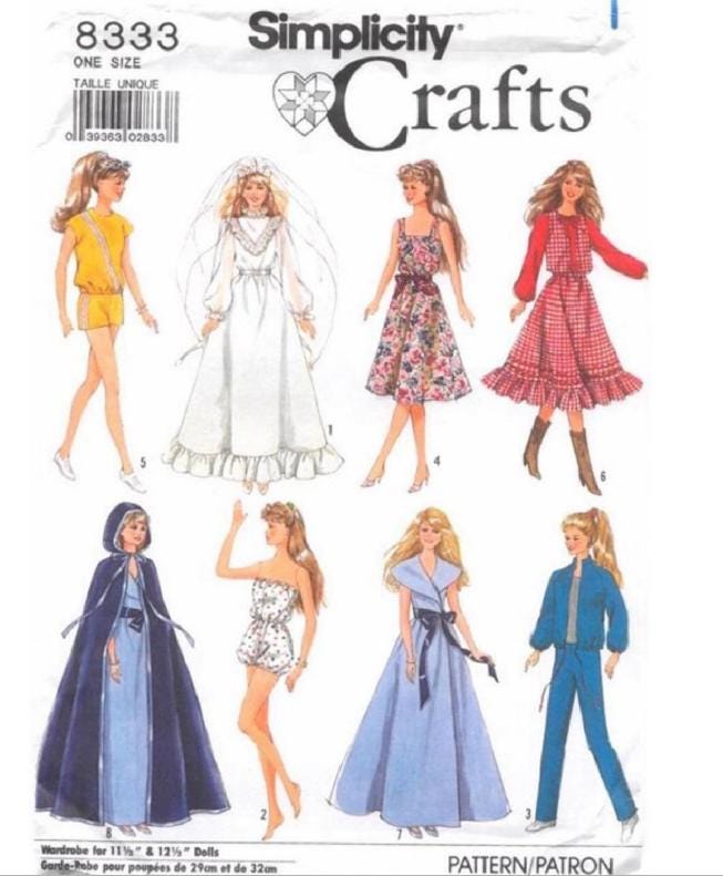 8 Barbi Ken Doll 11 1.5 Inch Simplicity 8333 PDF 1980s Patterns Dress Cape Pants Pattern Retro ...