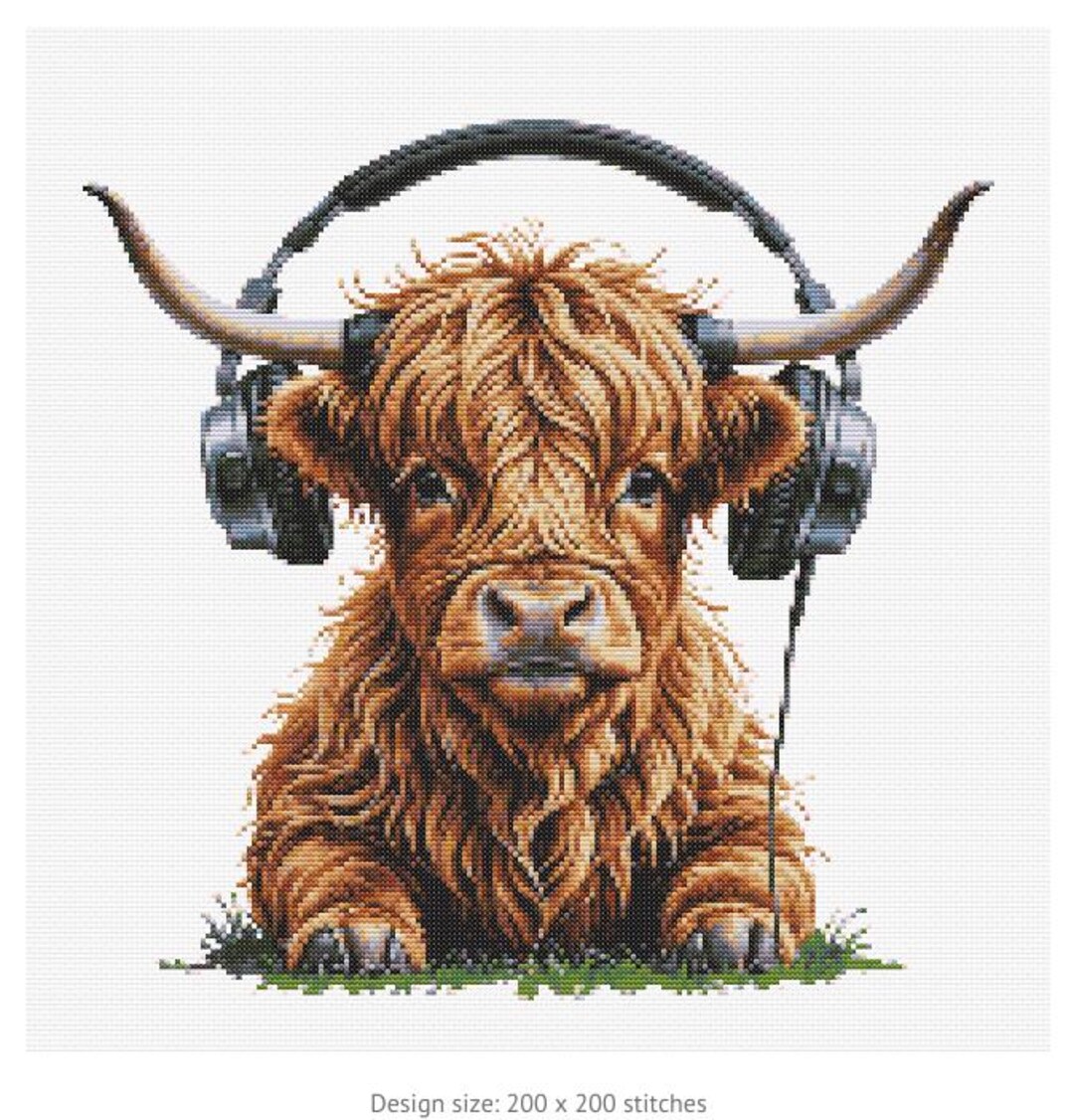 Highland Cow With Headphones Animal Cross Stitch PDF Pattern Keeper ...